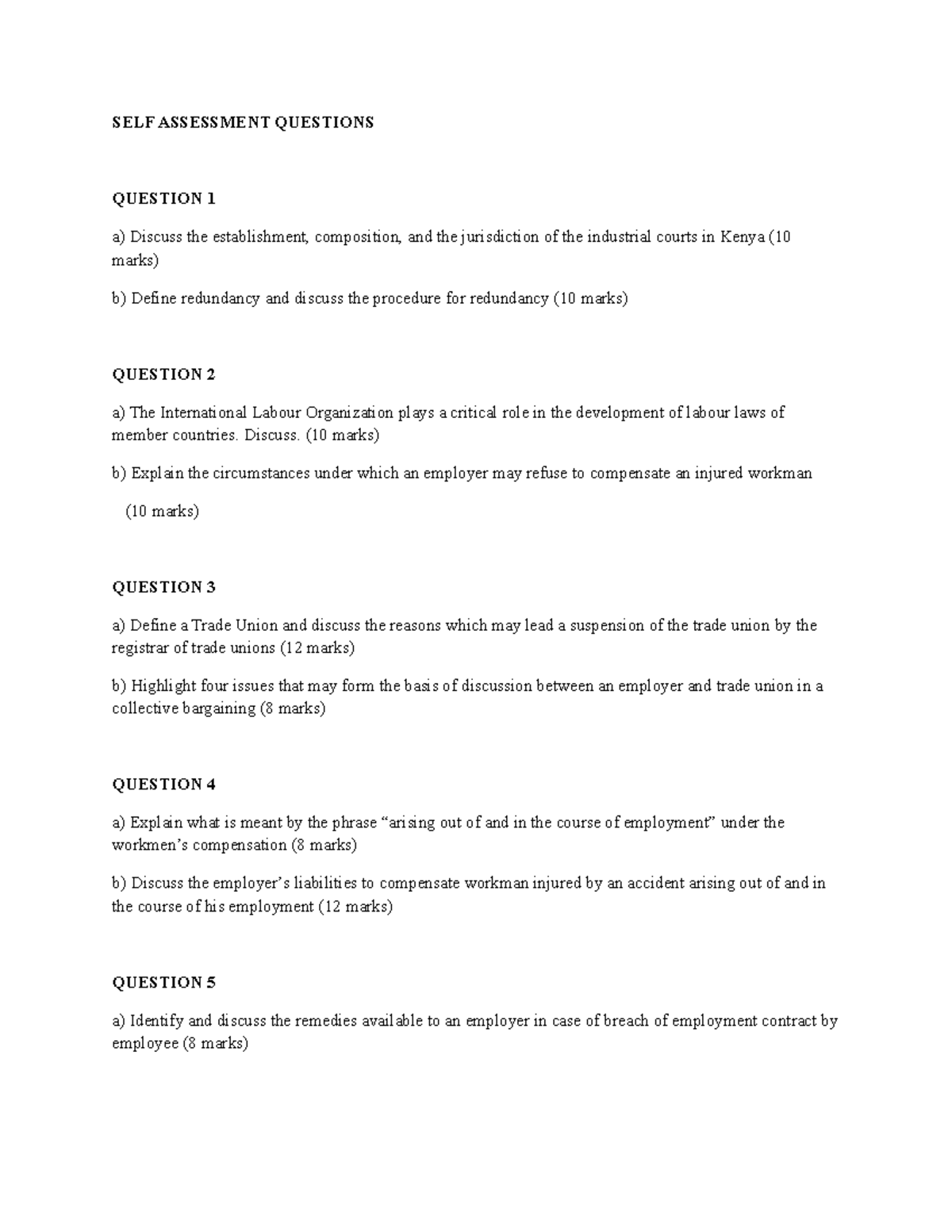 SELF Assessment Questions Labour LAW - SELF ASSESSMENT QUESTIONS ...