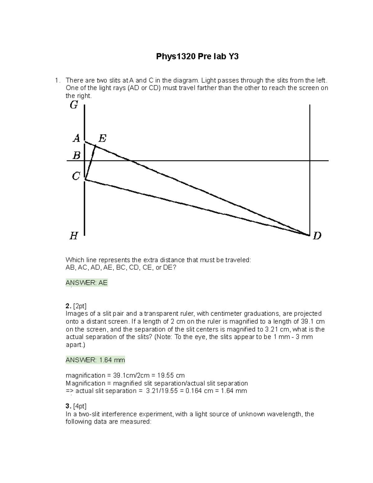 Phys1320 Pre lab Y3 - Pre lab assignment on optics: lasers, two slit ...