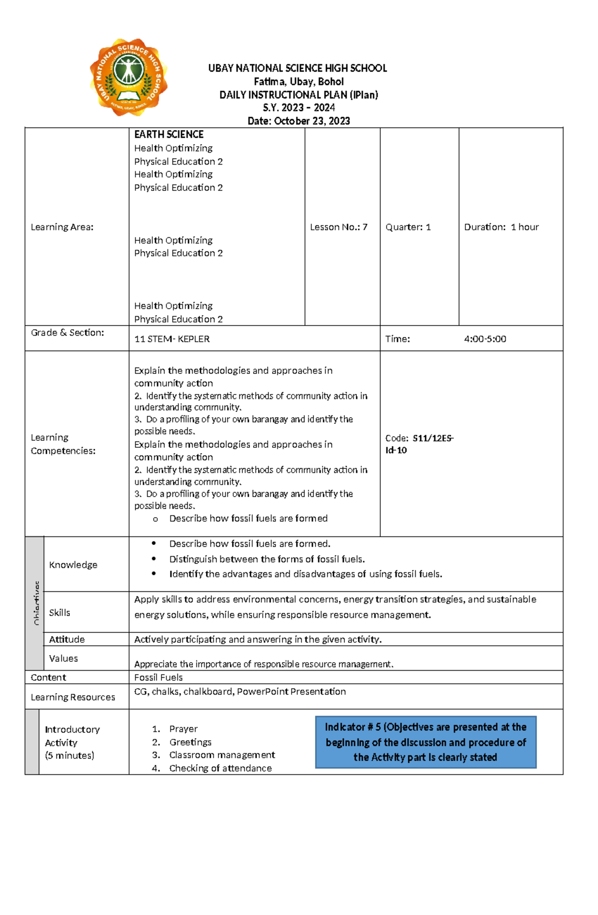 Lesson Plan- Fossils Earth Science - UBAY NATIONAL SCIENCE HIGH SCHOOL ...