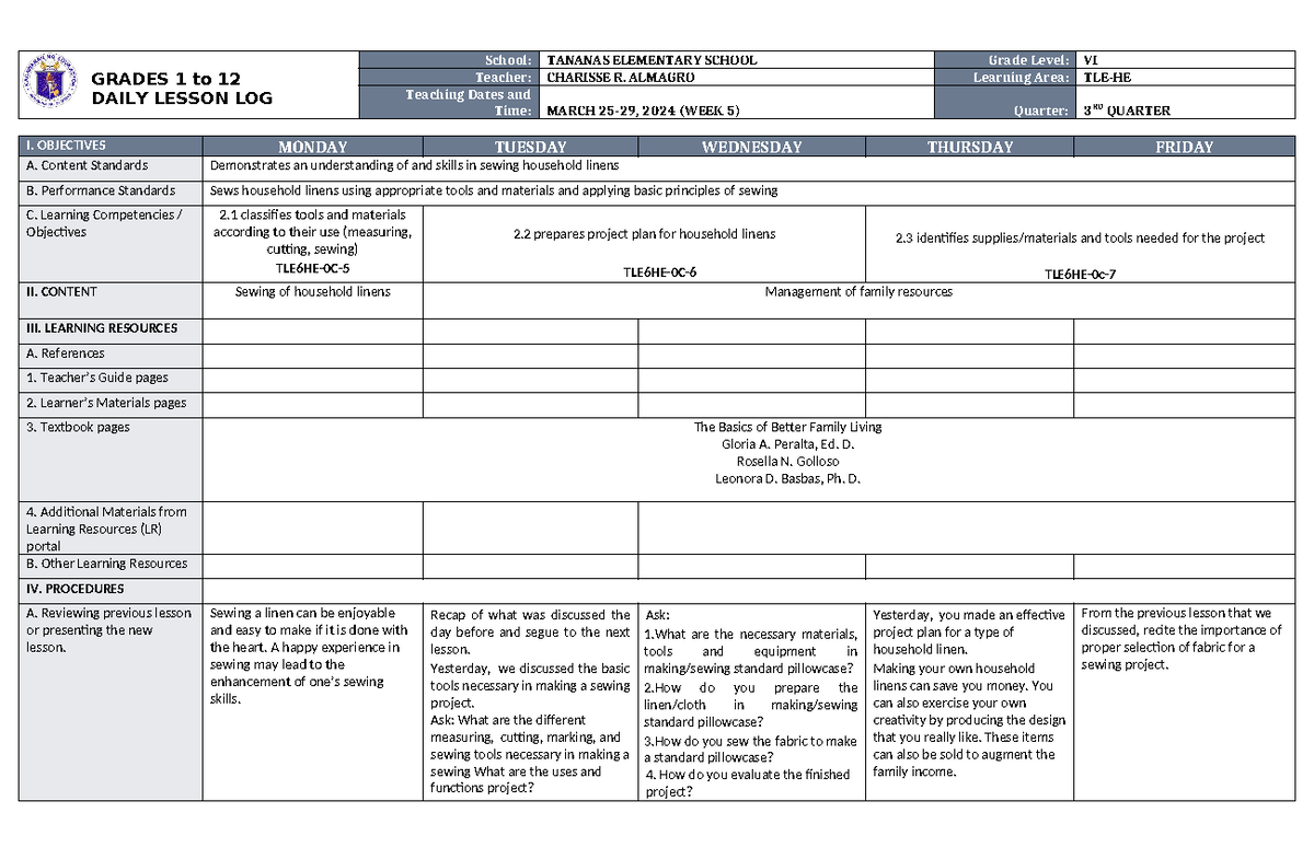 DLL TLE-HE 6 Q3 W5 - education - GRADES 1 to 12 DAILY LESSON LOG School ...