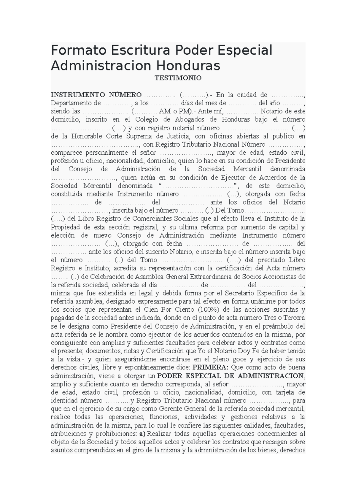 Formato Escritura Poder Especial Administracion Honduras - Formato ...