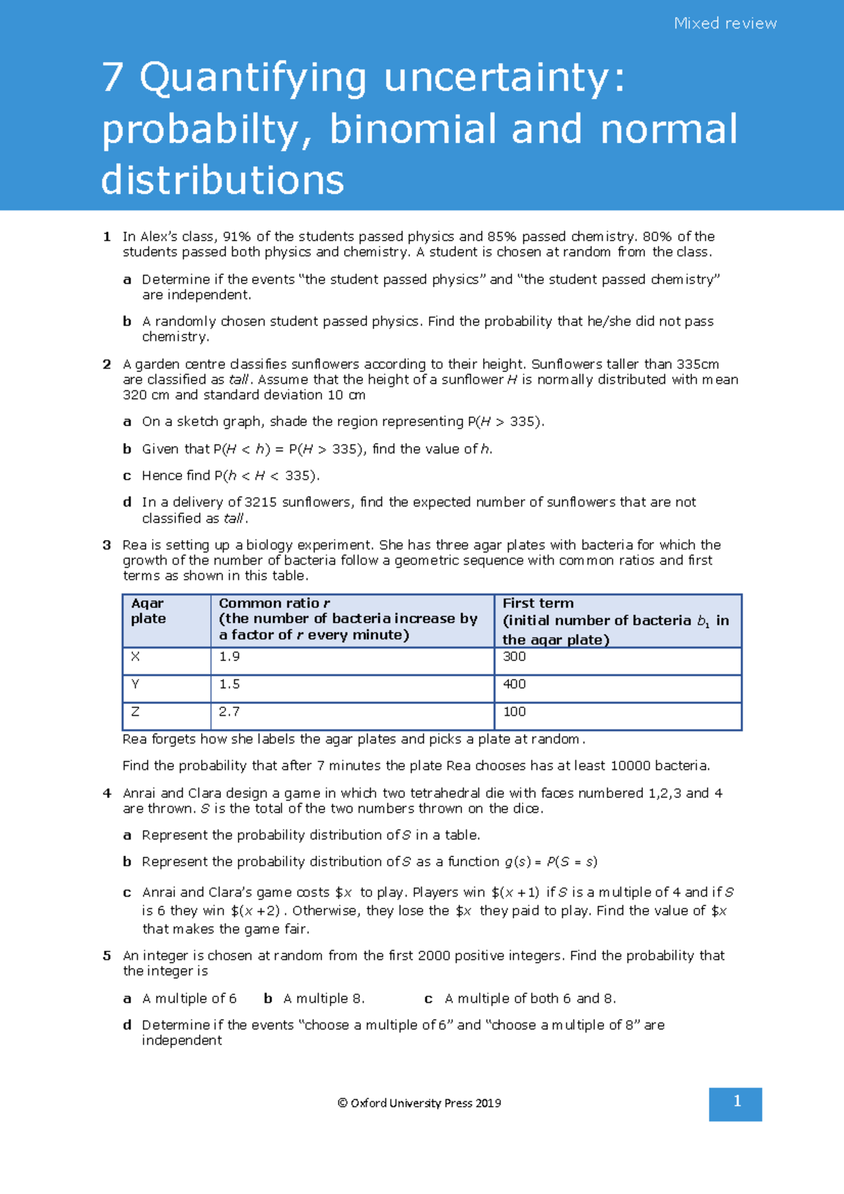 Probability Binomial and Normal Distributions - Mixed Review - 7 Quantifying uncertainty: - Studocu