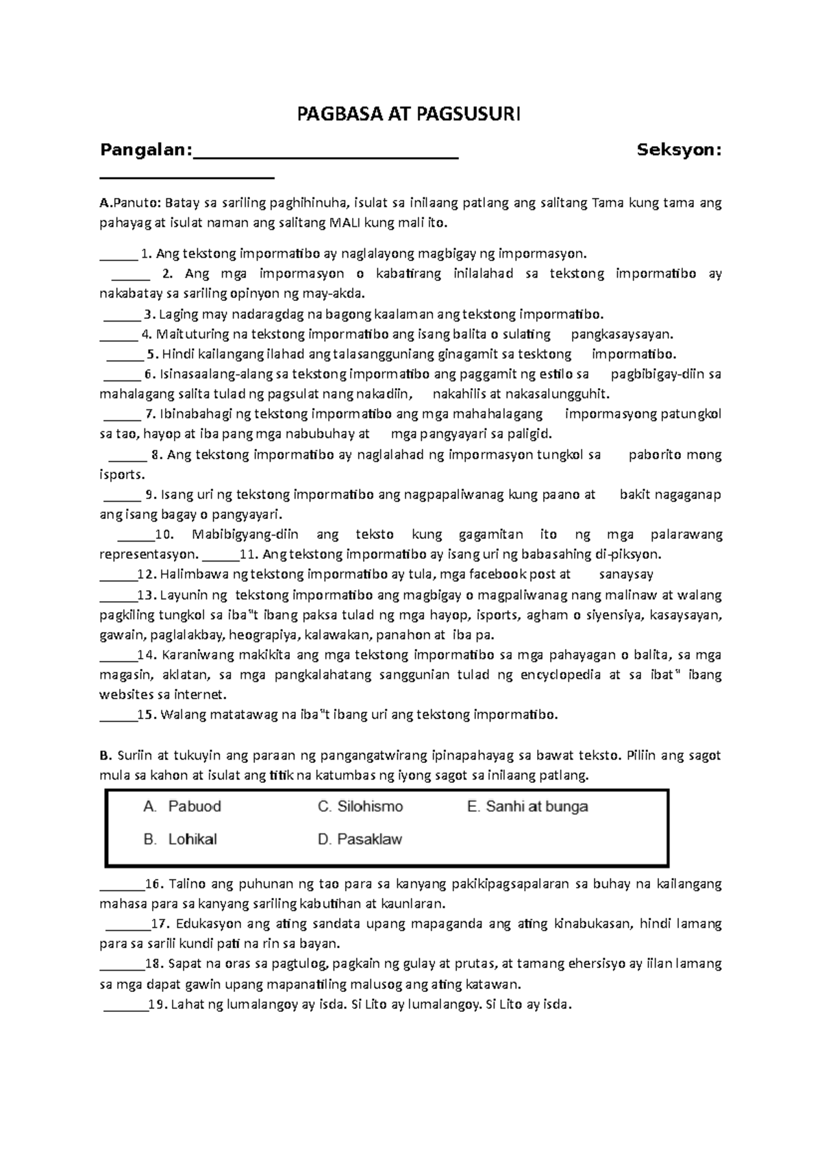 Pagbasa AT Pagsusuri NAT TEST - PAGBASA AT PAGSUSURI Pangalan