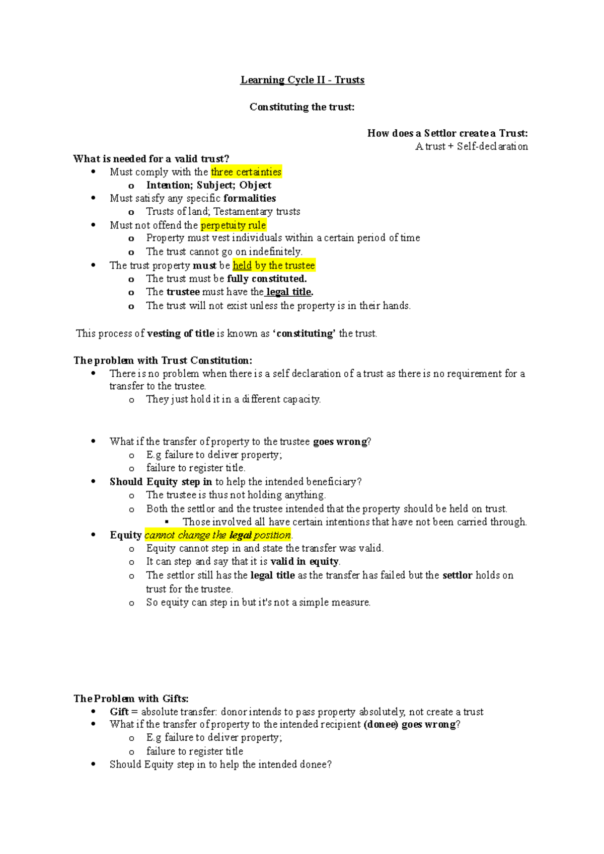 Trusts Law Lecture : Notes 2 - Learning Cycle II - Trusts Constituting ...