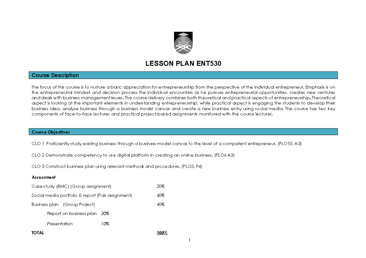 1. SOW Lesson PLAN ENT530 edited - Course Description Course Objectives ...