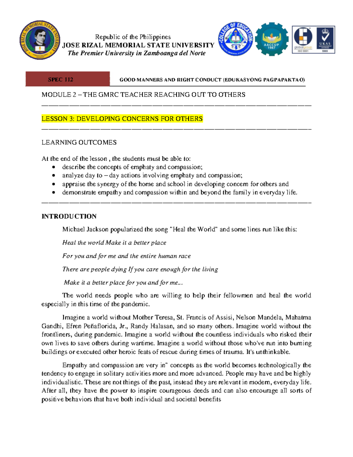 SPEC112. Module 2. Lesson 3 - Republic of the Philippines JOSE RIZAL ...