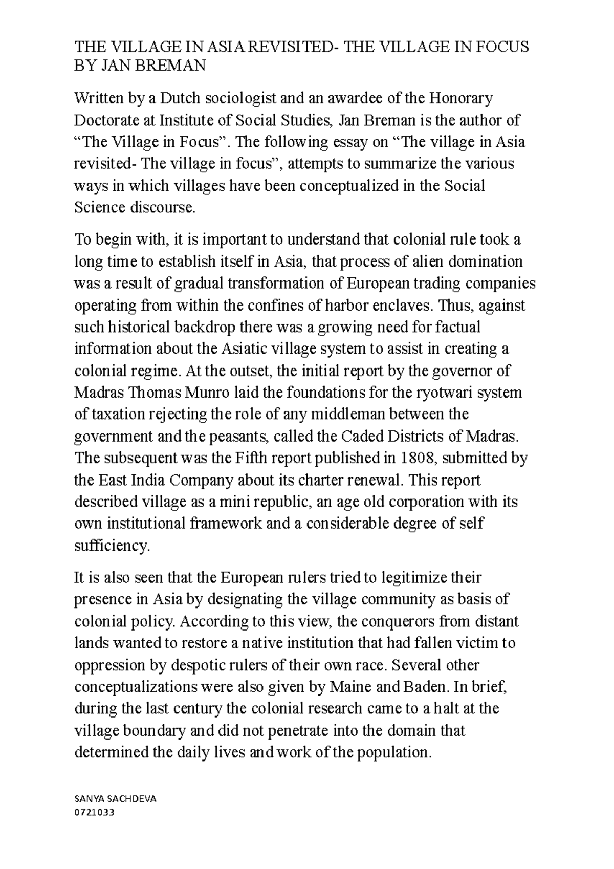 SOCIOLOGY NOTES - BY JAN BREMAN Written by a Dutch sociologist and an ...