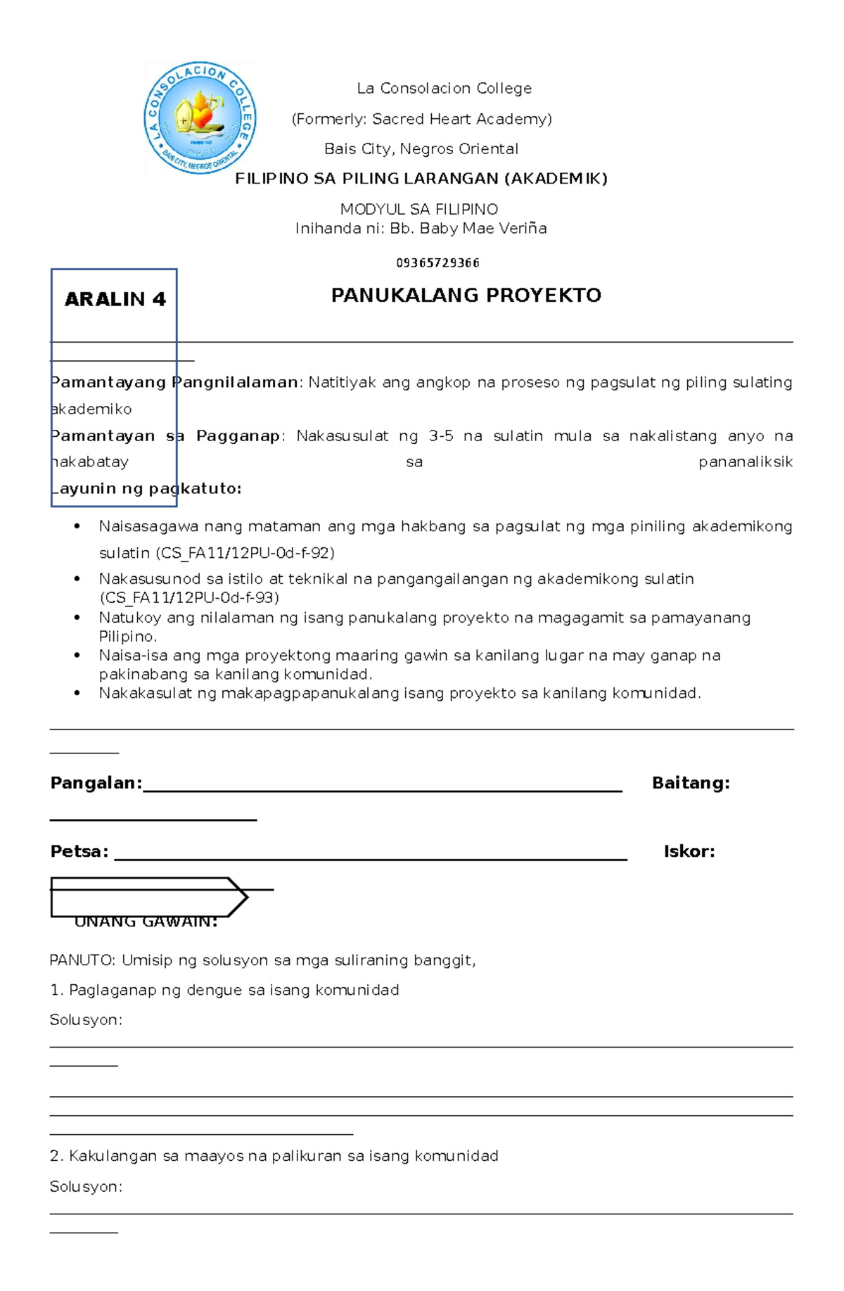 Aralin 4 Panukalang Proyekto - La Consolacion College (Formerly: Sacred ...