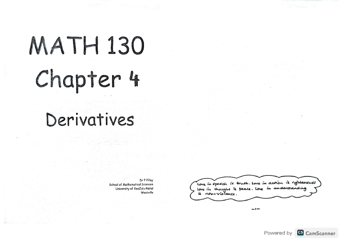 Derivatives Math130 - MATH 130 Chapter 4 Derivatives Dr P Pillay School ...