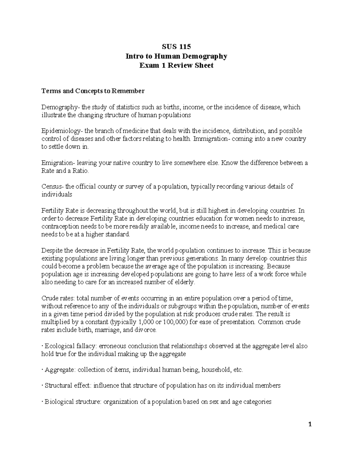 SUS115 Midterm 1 Review - SUS 115 Intro to Human Demography Exam 1 ...