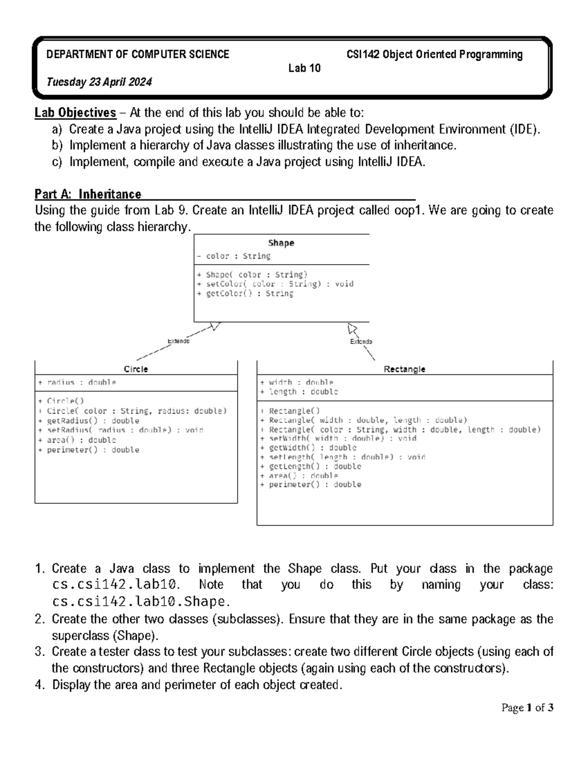Csi142 lab10-2024 - IntelliJ Lab assessment - Page 1 of 3 Lab Objectives – At the end of this ...