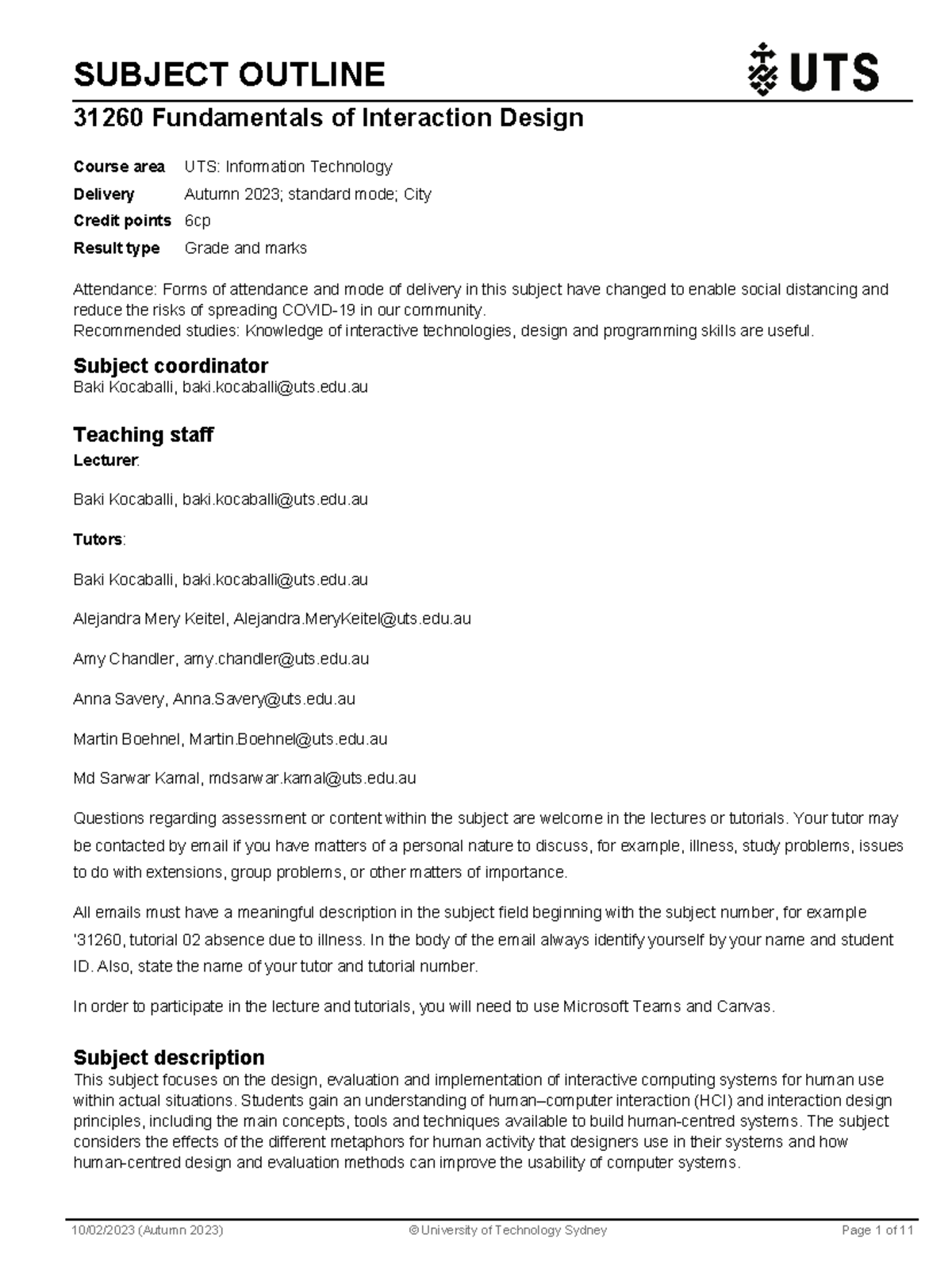 Subject outline - SUBJECT OUTLINE 31260 Fundamentals of Interaction ...