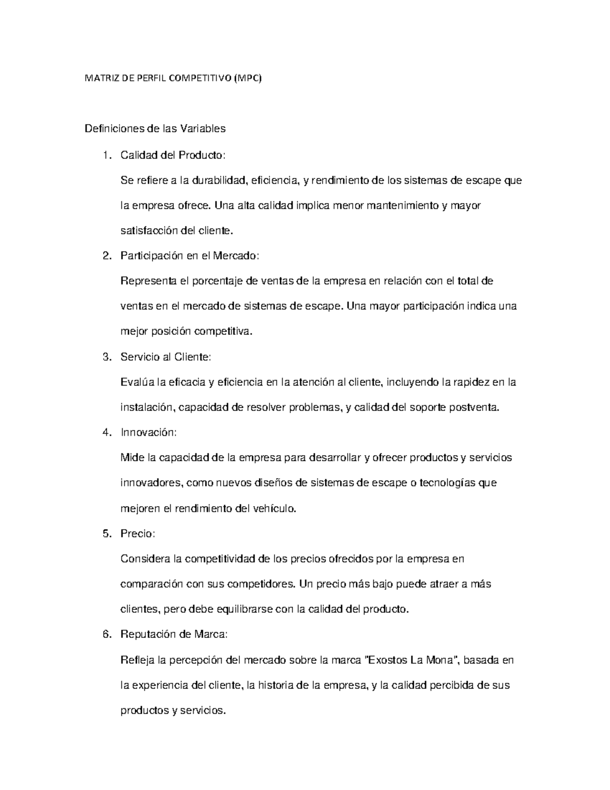 Entregable MPC - Matriz MPC - MATRIZ DE PERFIL COMPETITIVO (MPC ...