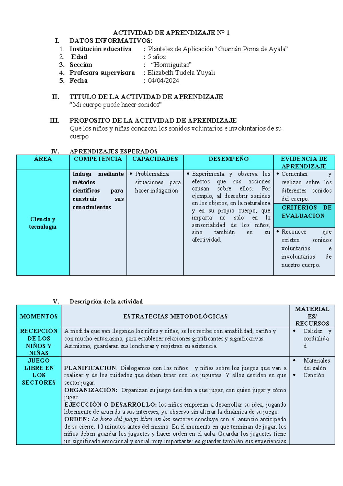 Actividad DE Aprendizaje 01 - ACTIVIDAD DE APRENDIZAJE N° 1 I. DATOS INFORMATIVOS: 1 ...