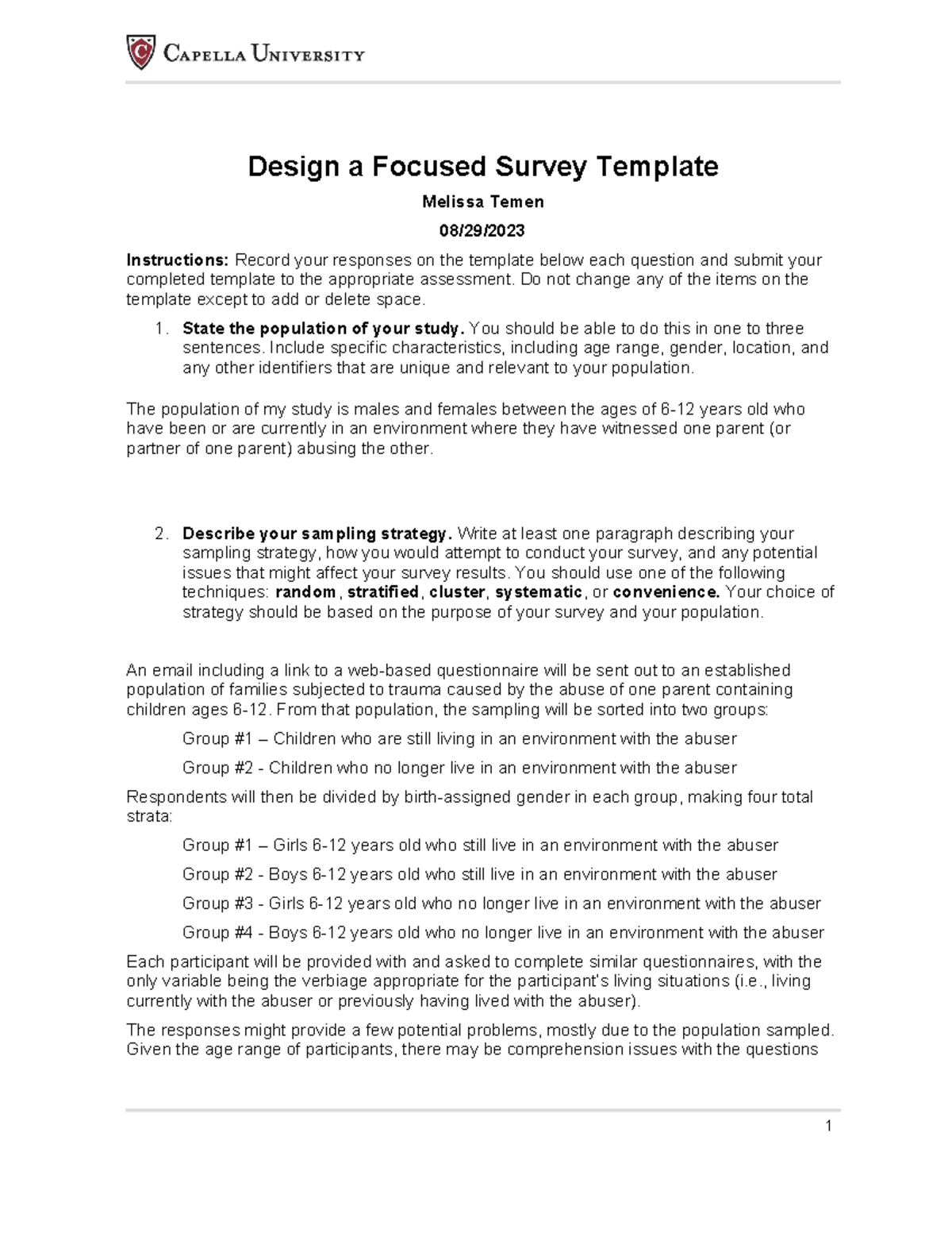 MAT-FPX2001 Temen Melissa Assessment 2-2 - Design a Focused Survey ...