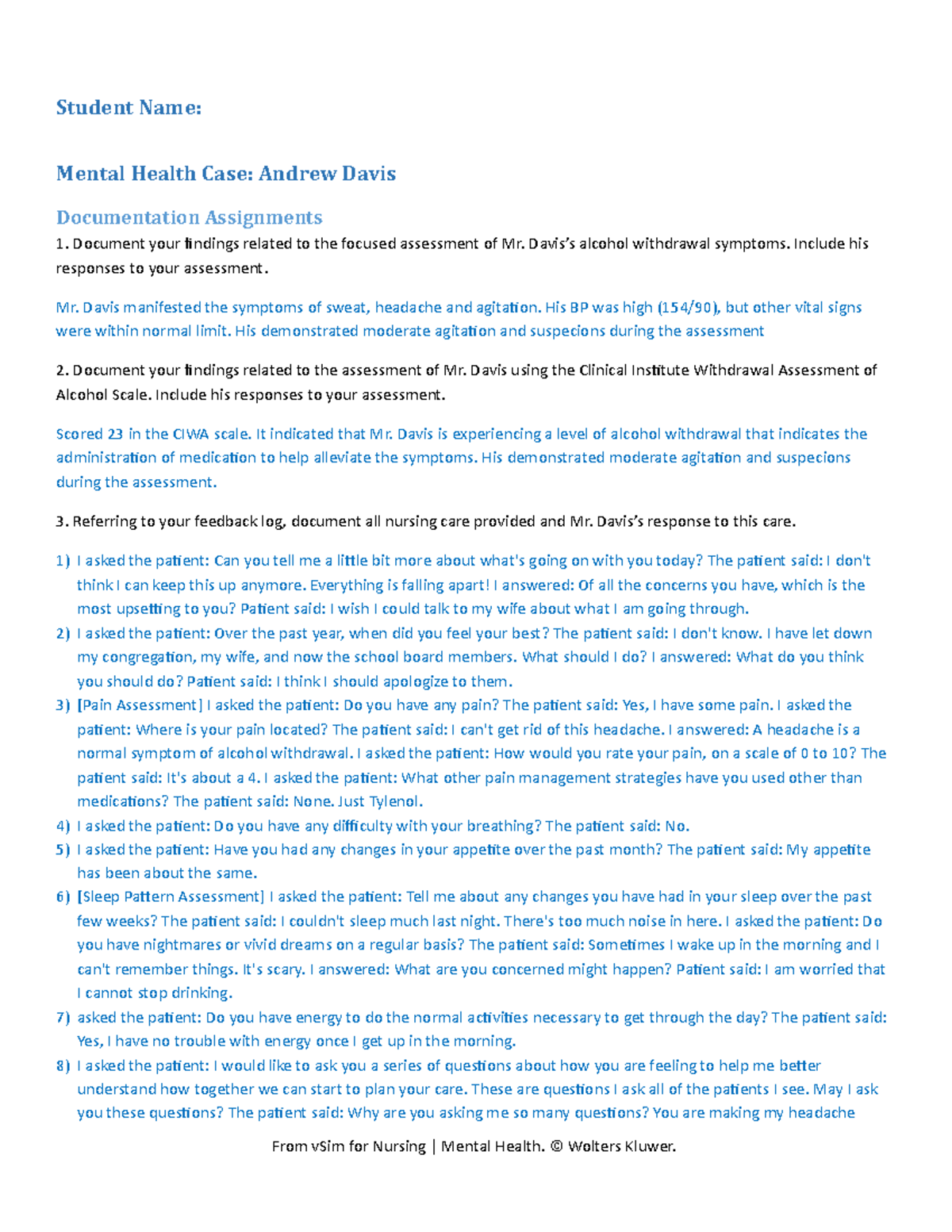 V-SIM Mental Health Andrew Davis Documentation Assignment - NUR 211 ...