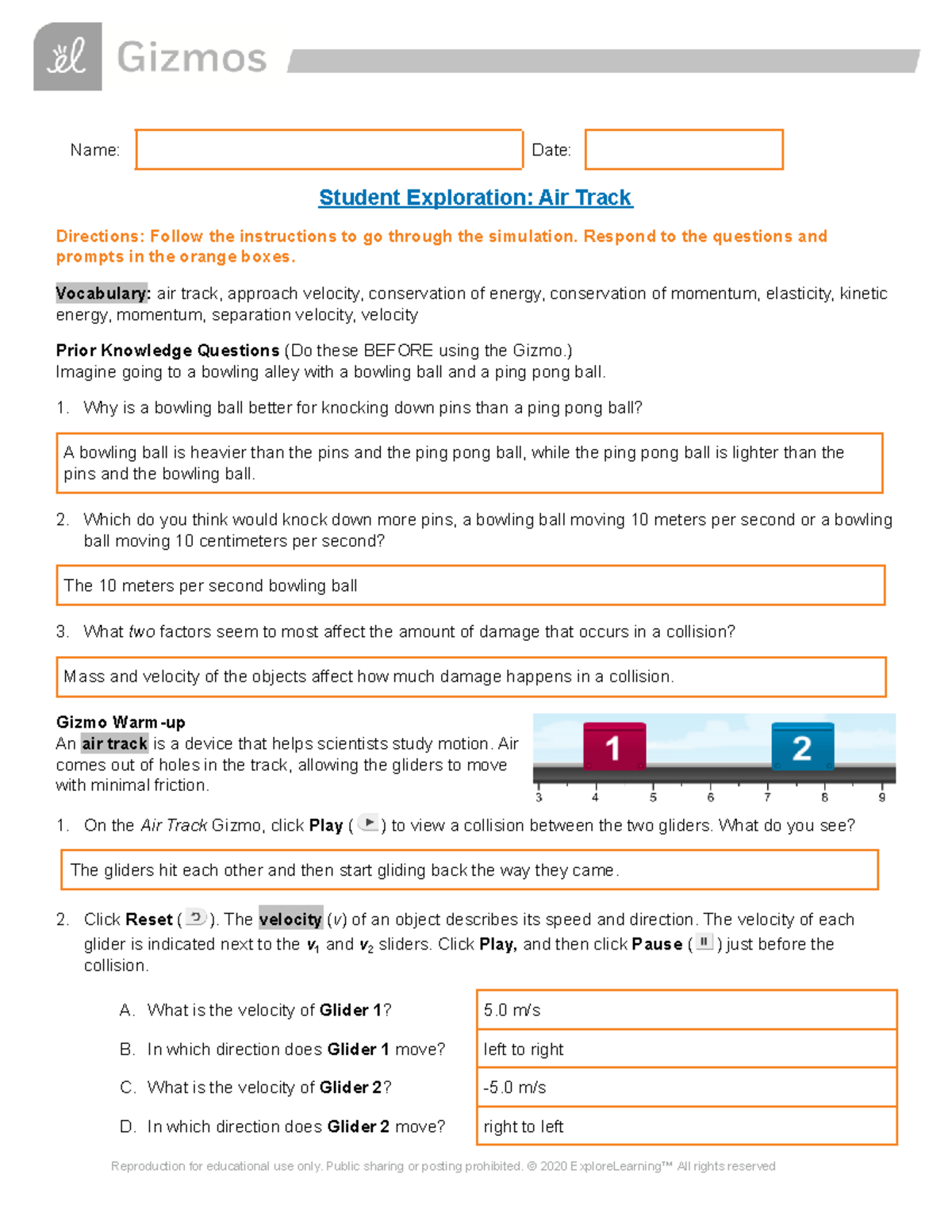 Air Track Gizmo - Gizmo digital experiment - Science 9 - Studocu