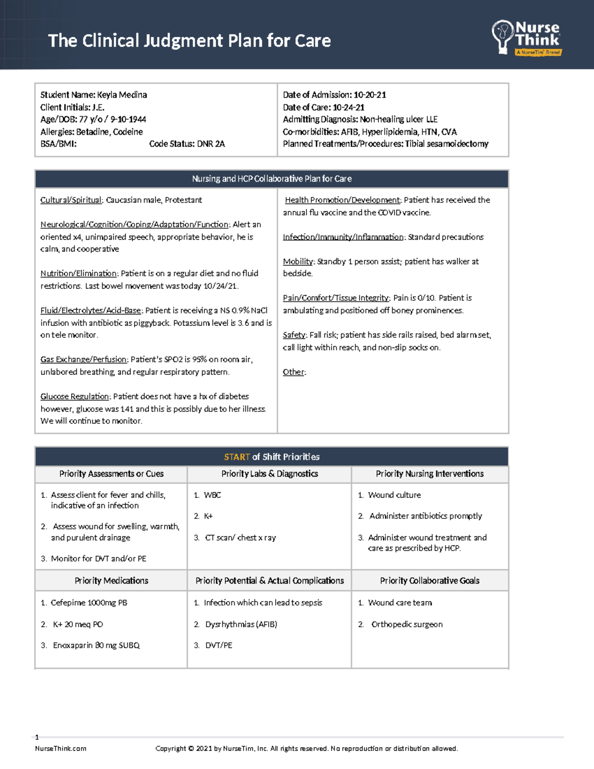 Care plan 4 AH3 - CARE PLAN - The Clinical Judgment Plan for Care ...
