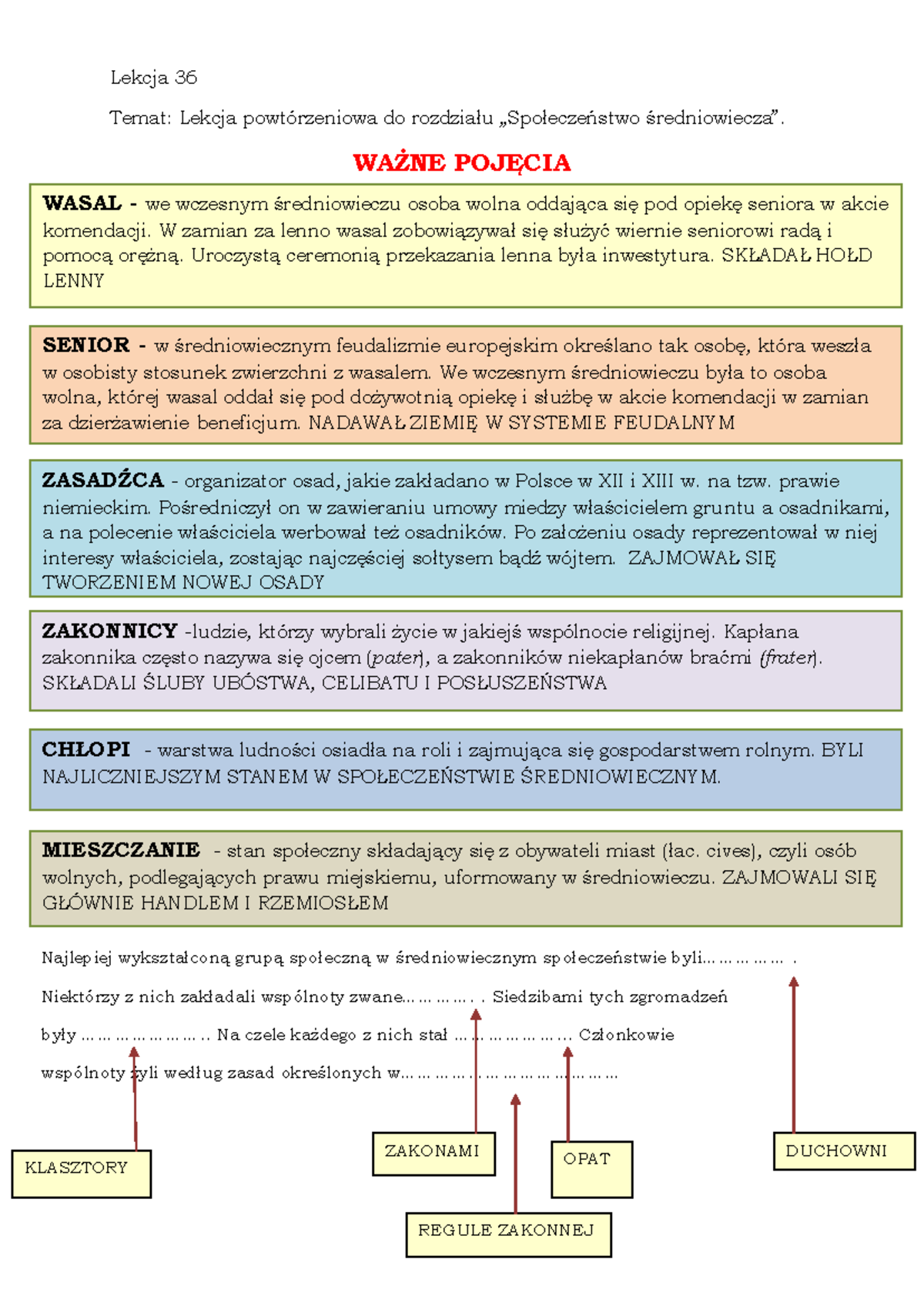 Lekcja powtorzeniowa do rozdzialu Spoleczenstwo sredniowiecza. Klasa 5 - Lekcja 36 Temat: Lekcja ...