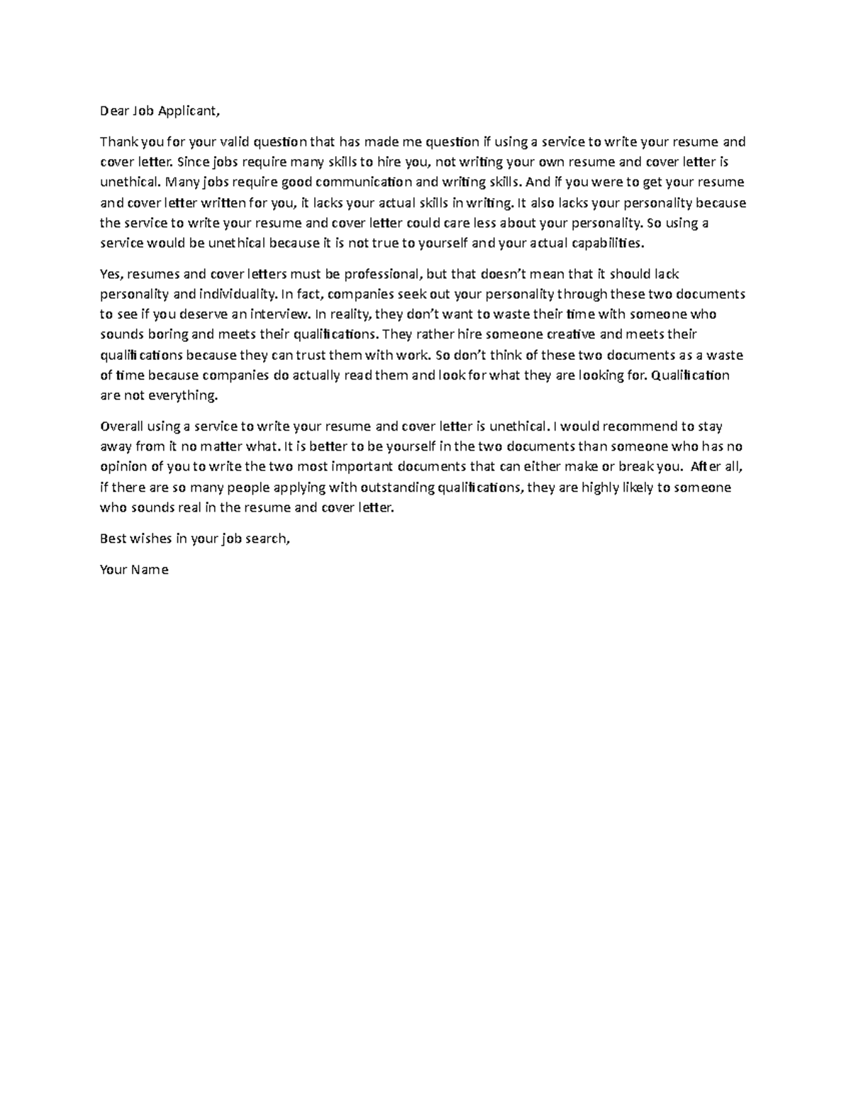 Dear Job Applicant - Grade: B+ - Dear Job Applicant, Thank you for your ...