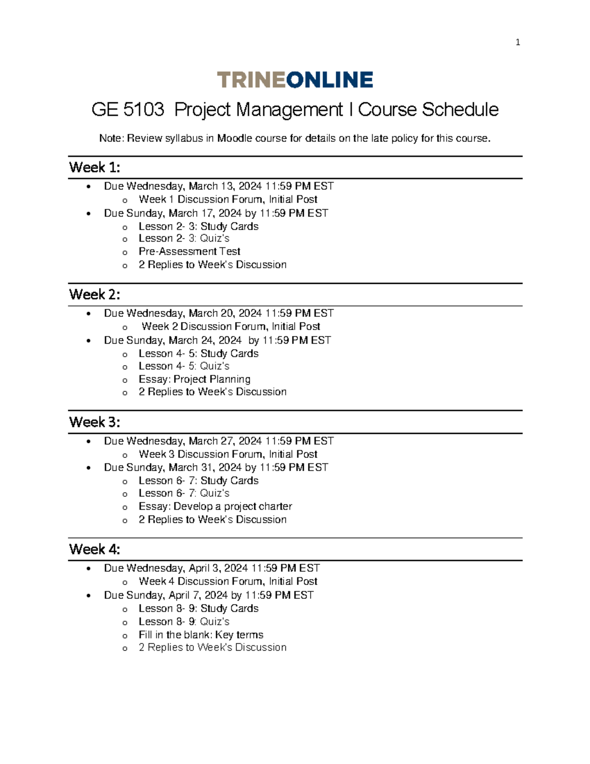 GE 5103.3P2 Course Schedule - 1 GE 5103 Project Management I Course Schedule Note: Review ...