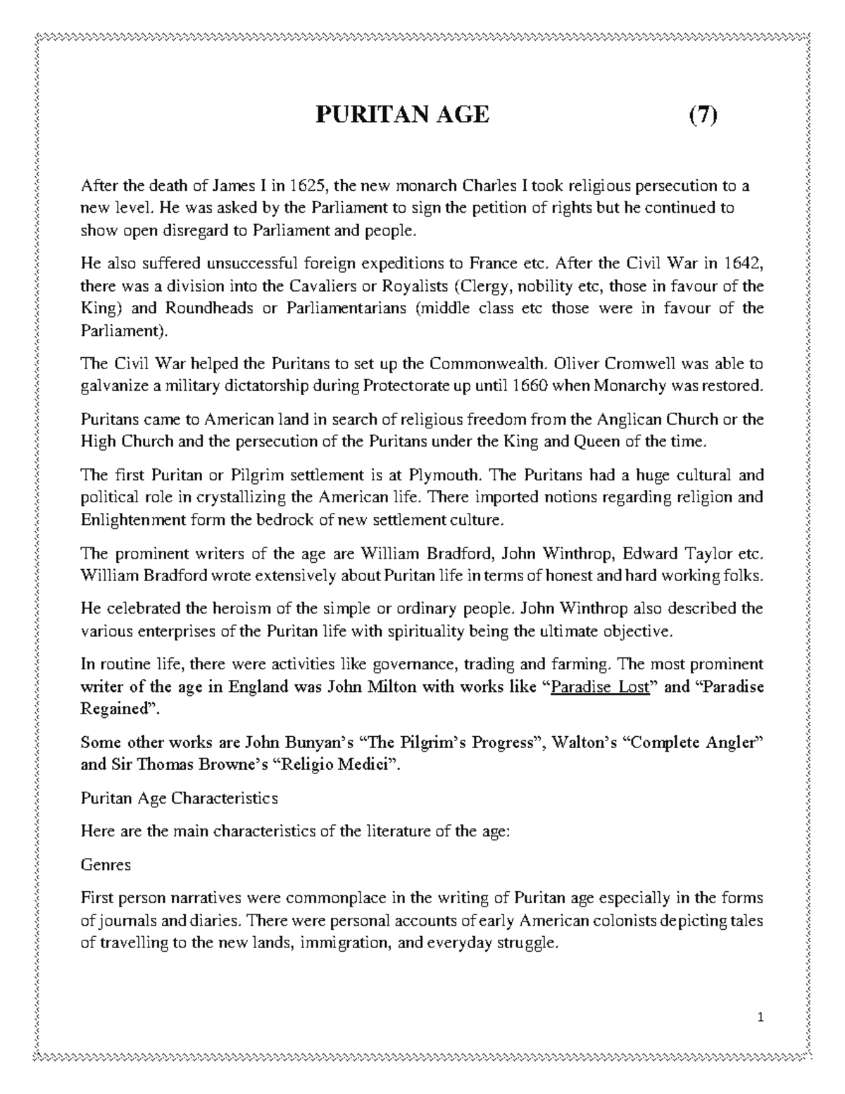 7 Puritan AGE - PURITAN AGE (7) After the death of James I in 1625, the ...