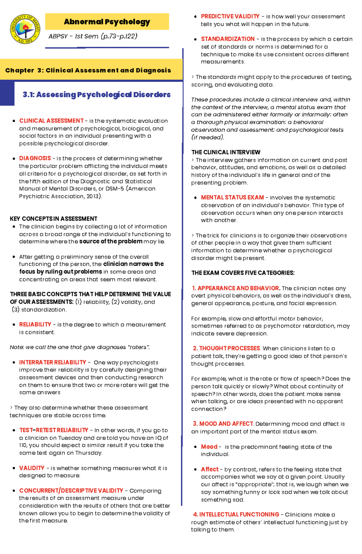 AB PSY-CHAP 3 - Notes - Abnormal Psychology ABPSY - 1 st Sem (p. 73 - p ...