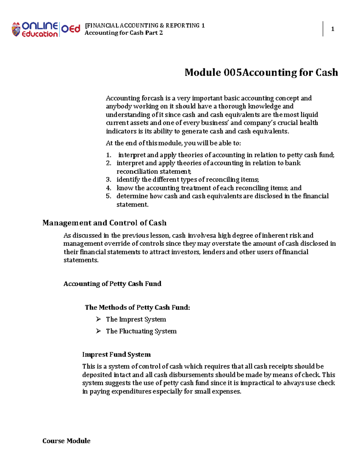 W2 Module 005Accounting for Cash - [FINANCIAL ACCOUNTING & REPORTING 1 Accounting for Cash Part ...