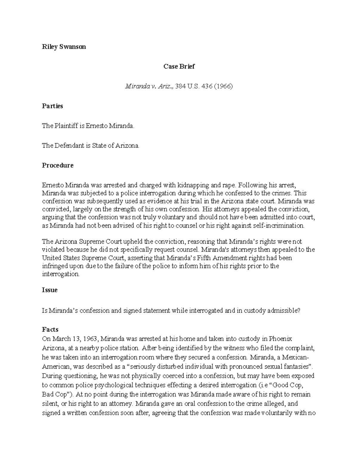 Miranda Case Brief - Riley Swanson Case Brief Miranda v. Ariz., 384 U ...