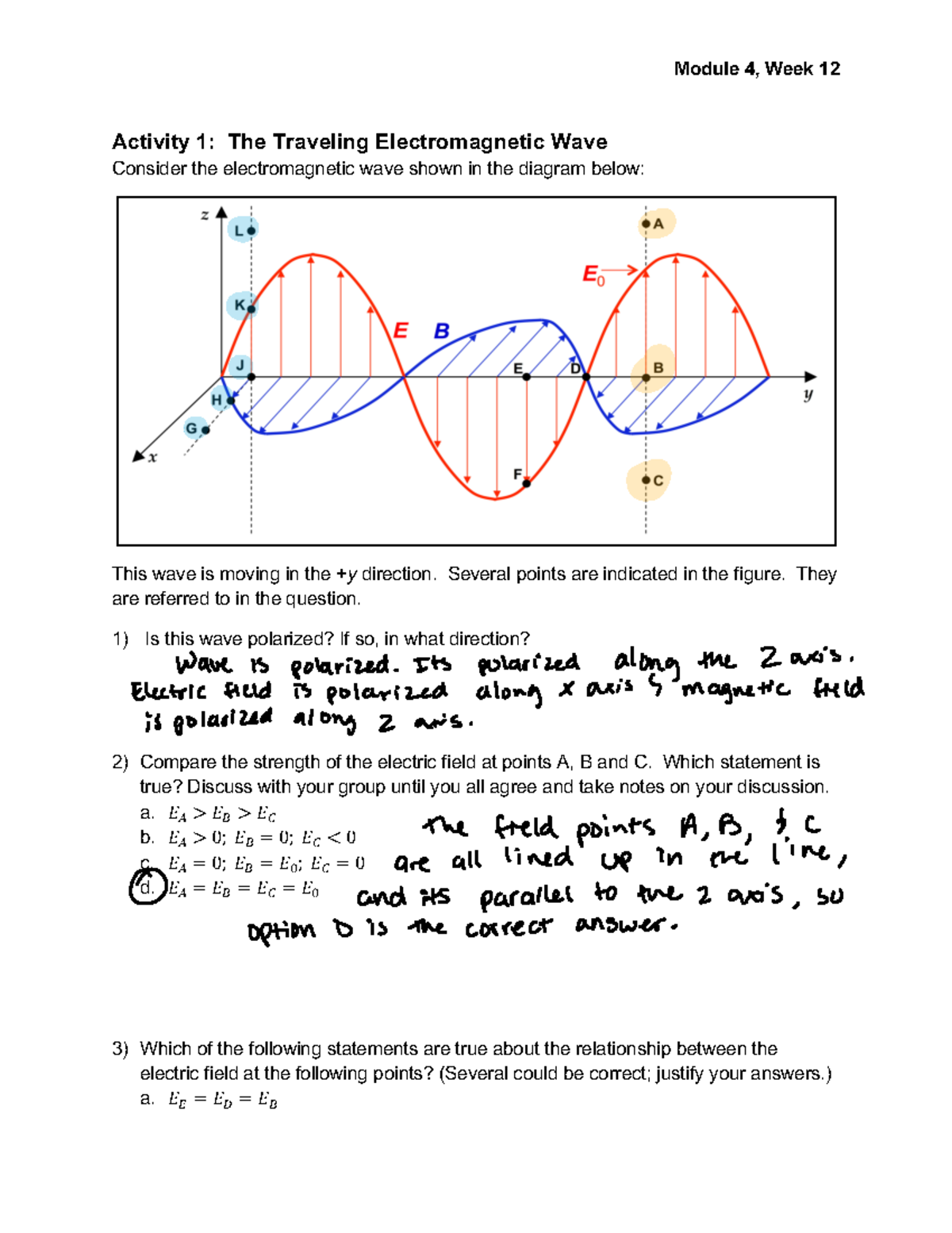 Discussion 12 - Activity 1: The Traveling Electromagnetic Wave Consider ...