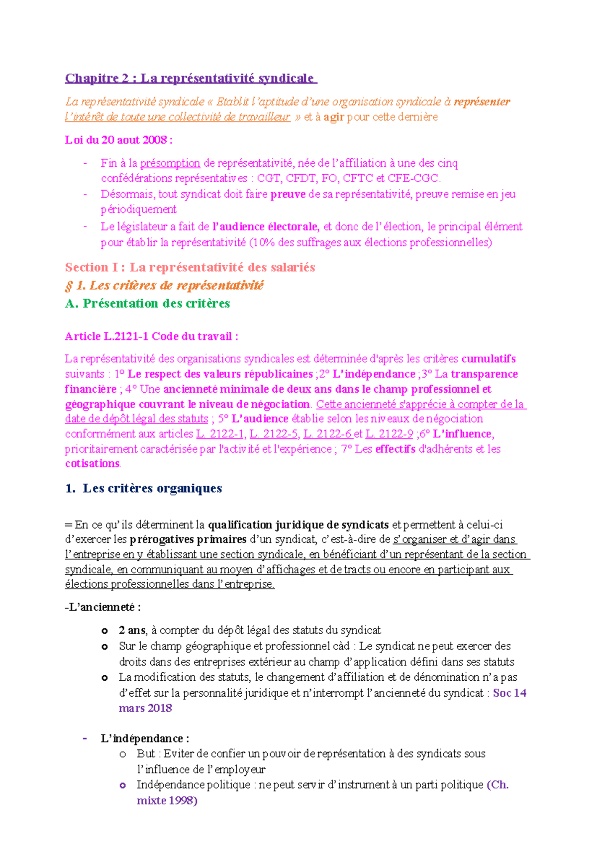 Fiche RCT La representativité syndicale - Chapitre 2 : La ...