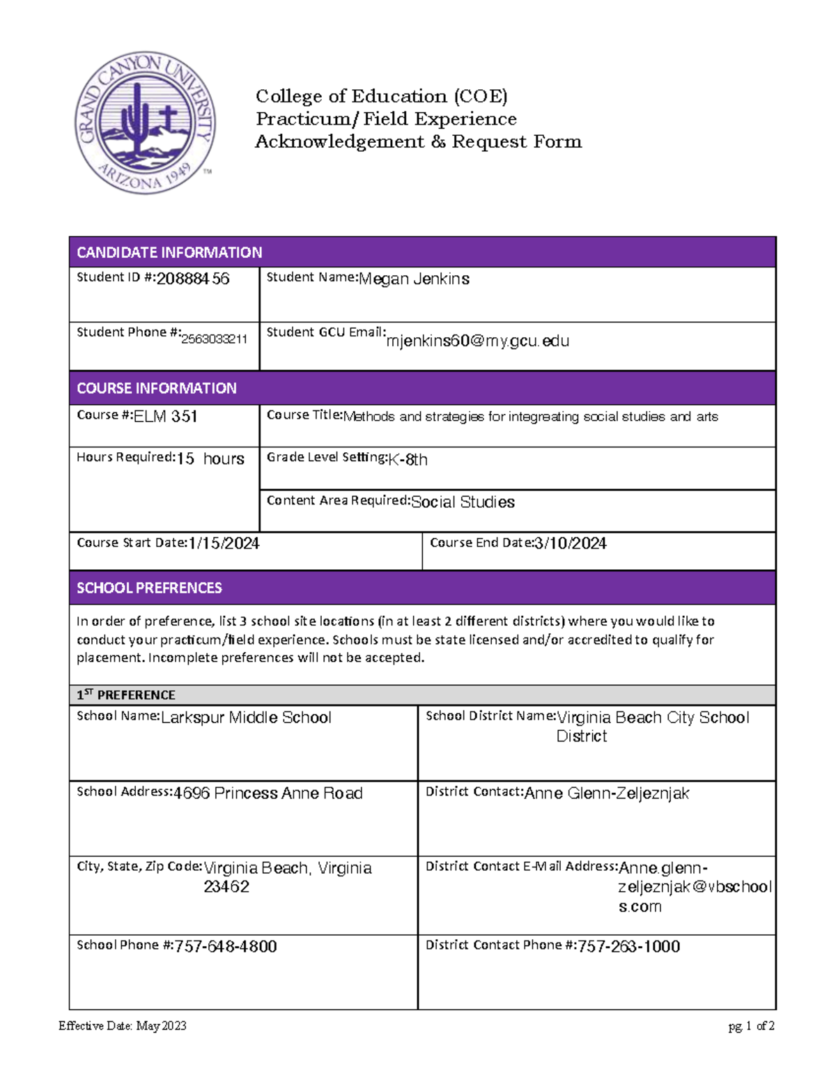 Practicum Field Experience Acknowledgement and Request Form 05312023 (3 ...