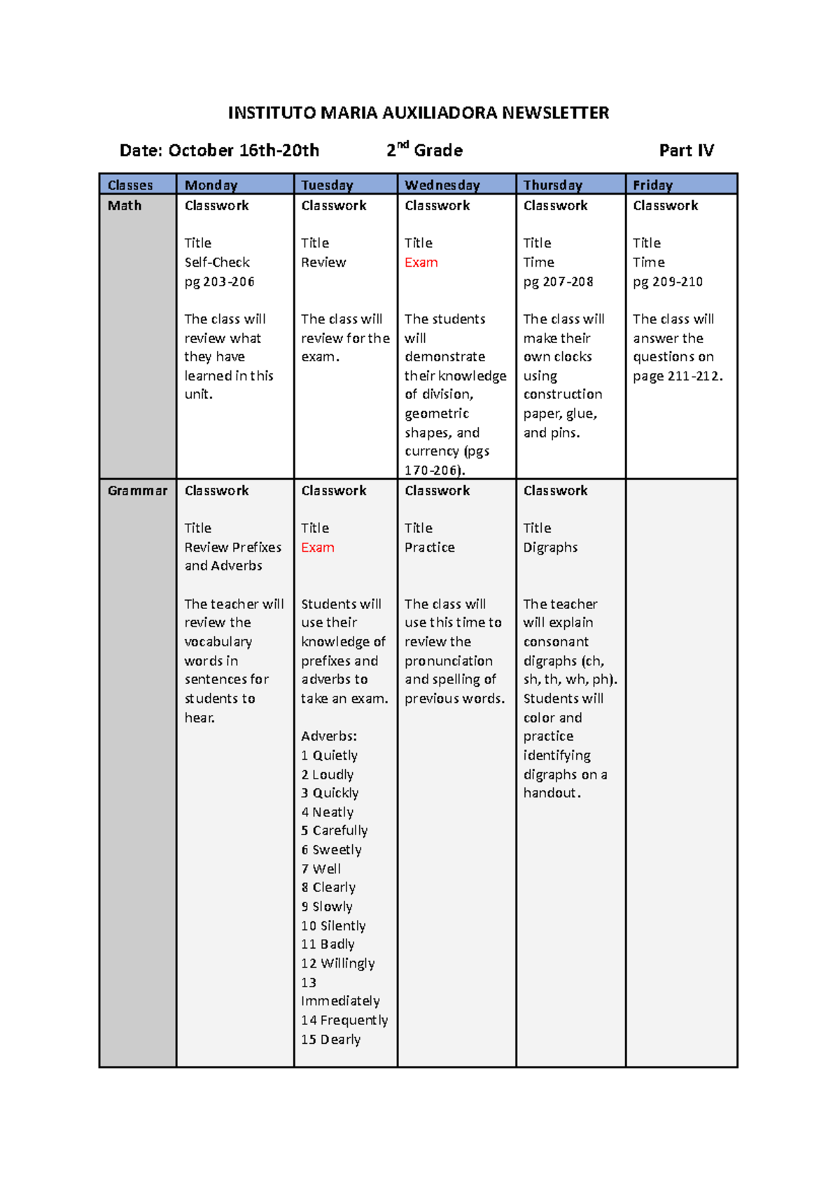2nd Grade Oct 16-20 - asdfaf - INSTITUTO MARIA AUXILIADORA NEWSLETTER ...