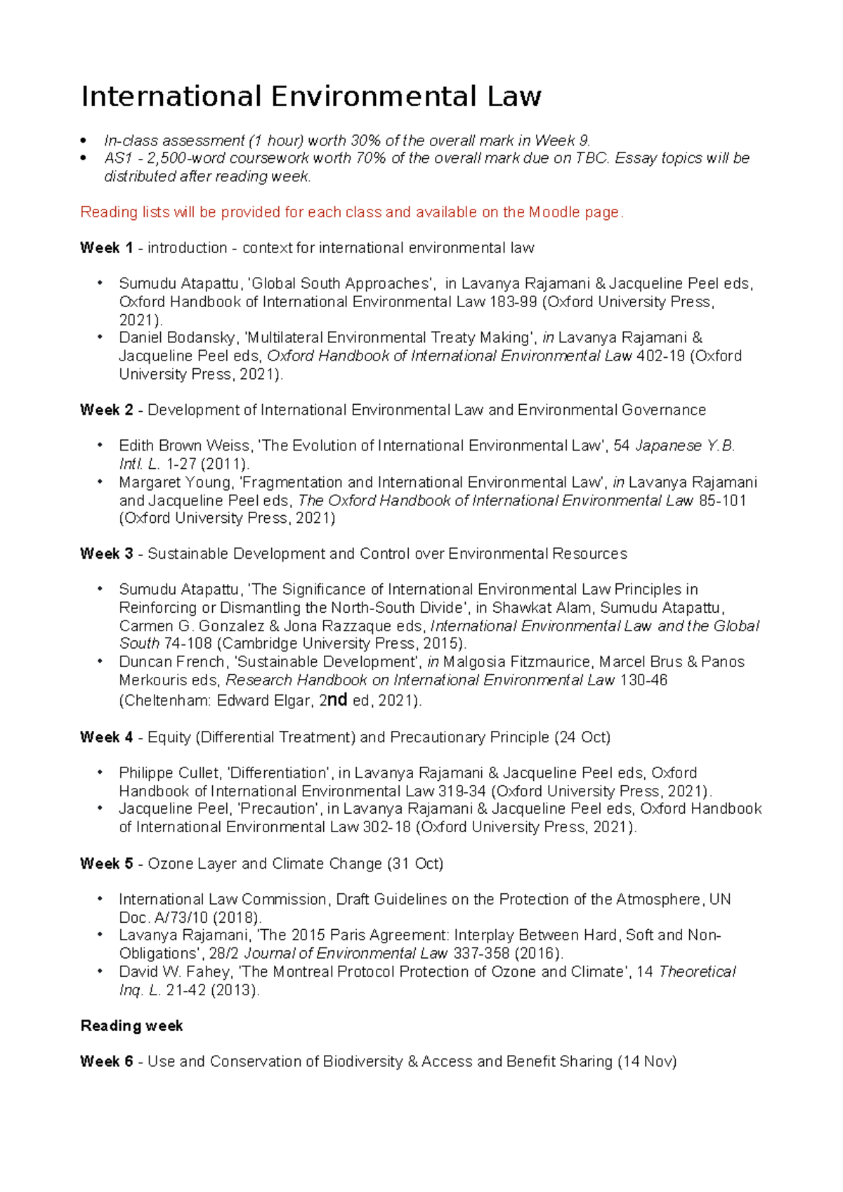 Envirmental law outline - International Environmental Law · In-class ...