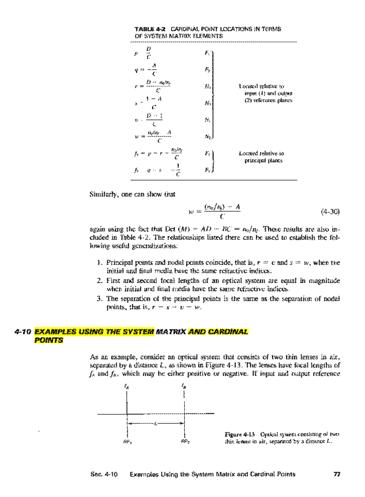 Examples Using the Ray Matrix and Cardinal Points - TABLE 4-2 CARDINAL ...