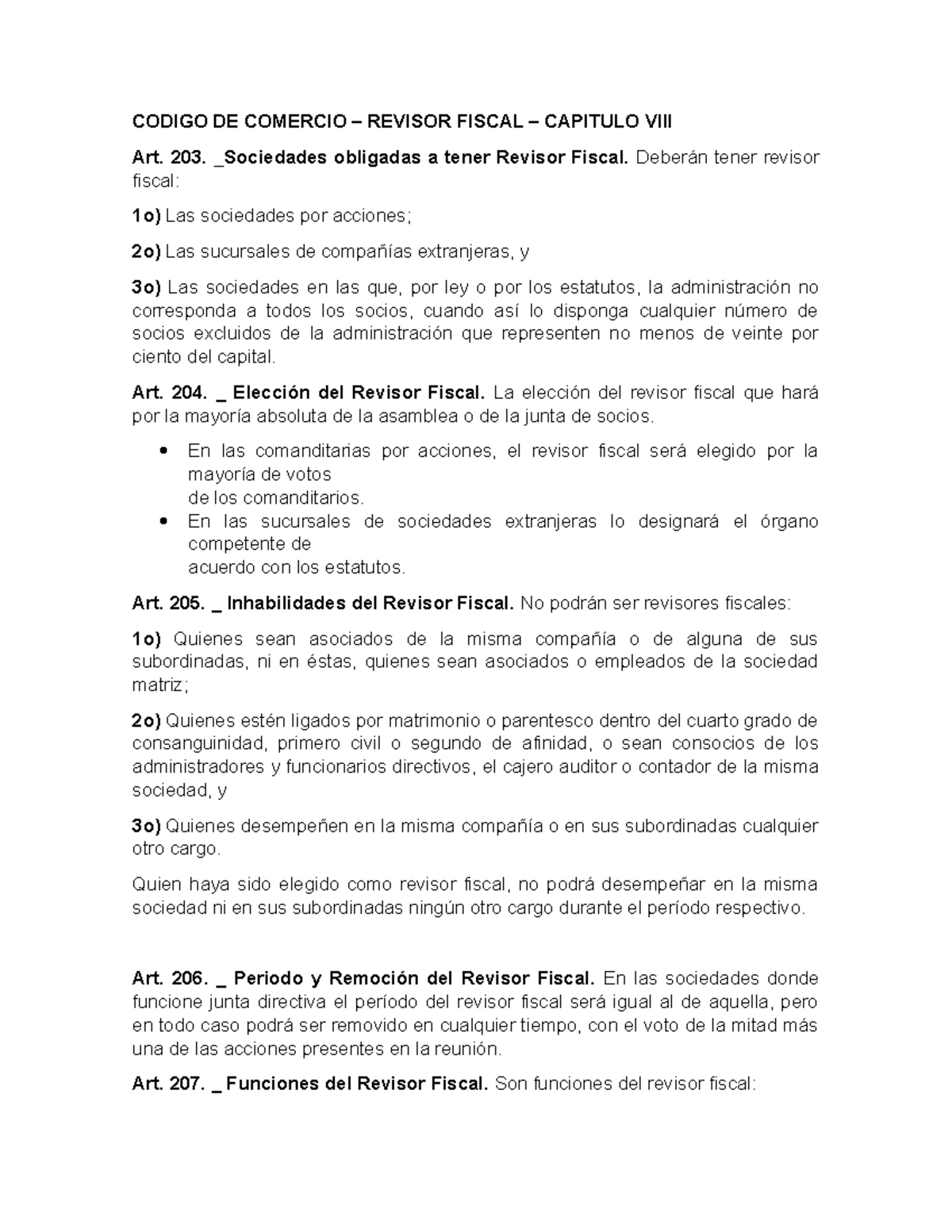 Codigo DE Comercio 203 A 217 - CODIGO DE COMERCIO – REVISOR FISCAL ...