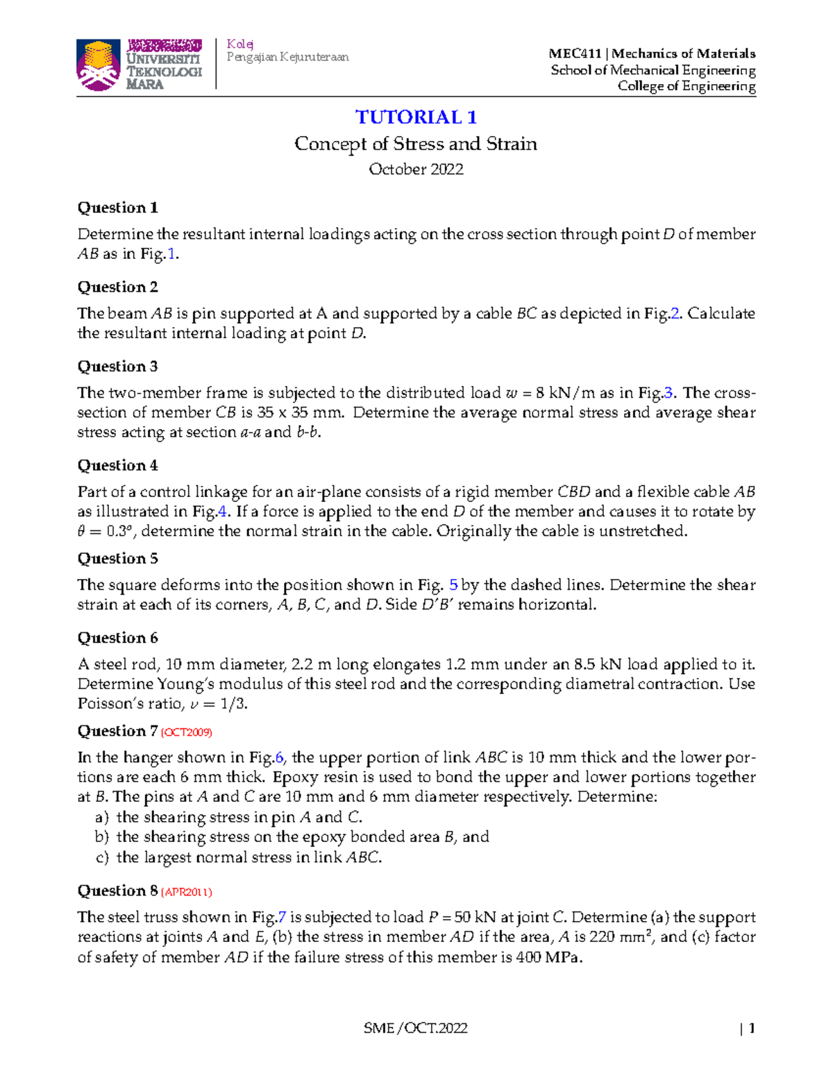 Tutorial 1 MEC411 - Pengajian Kejuruteraan MEC411 | Mechanics of ...