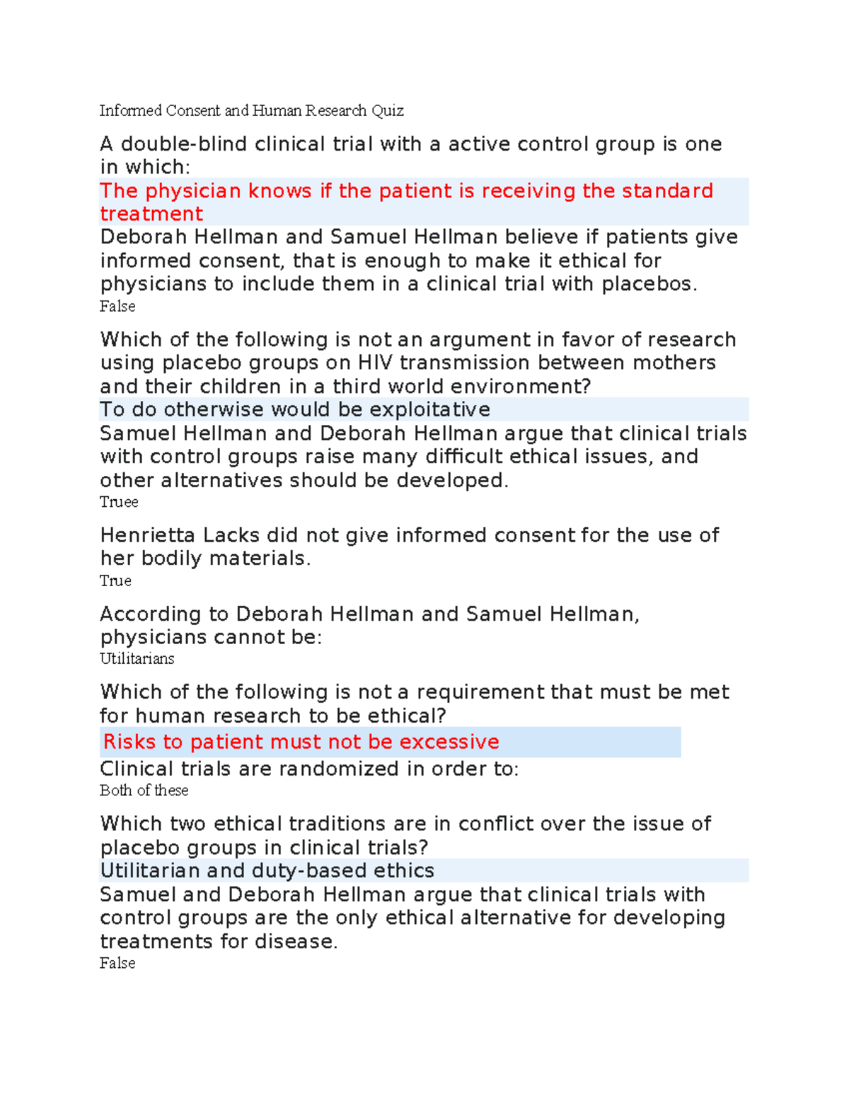 Informed Consent Quiz - Informed Consent and Human Research Quiz A ...