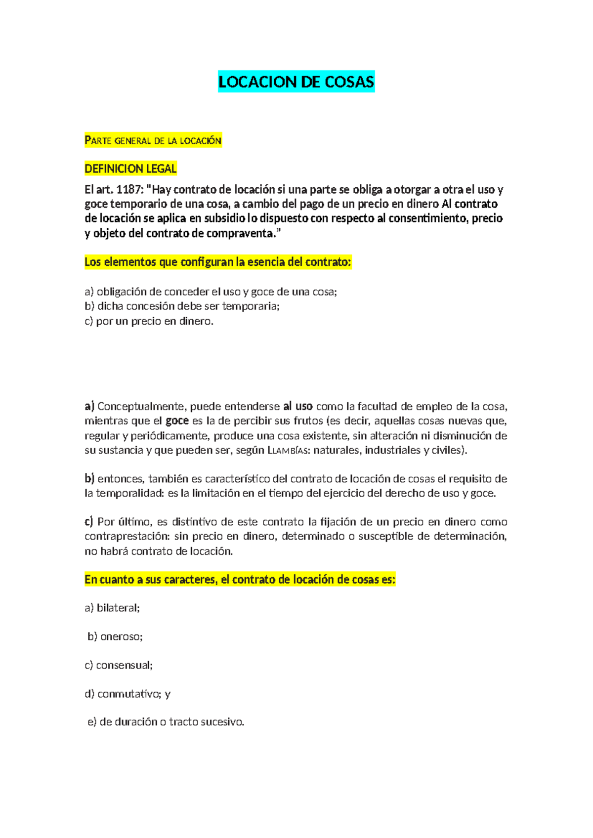 Locacion DE Cosas - LOCACION DE COSAS PARTE GENERAL DE LA LOCACIÓN ...