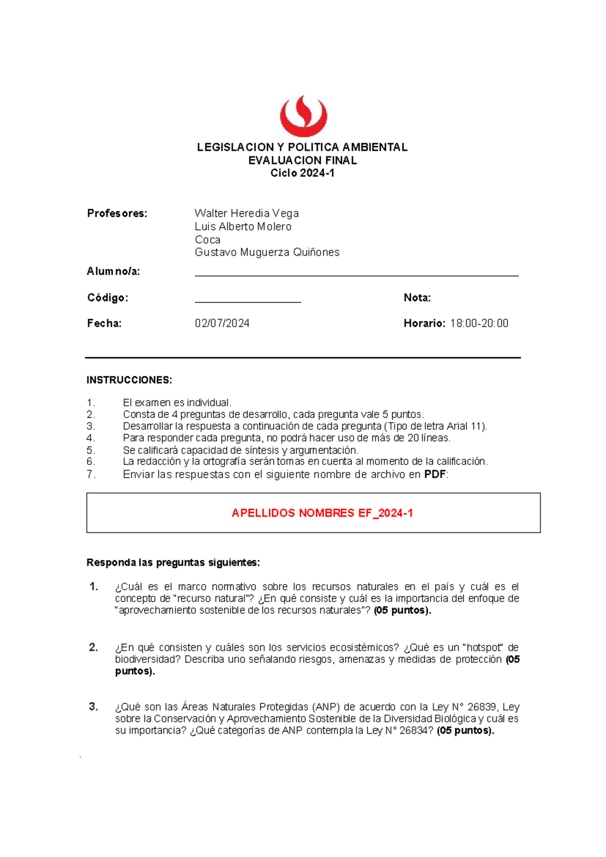 EF 2024-1 Legislación y Política Ambiental - LEGISLACION Y POLITICA AMBIENTAL EVALUACION FINAL ...