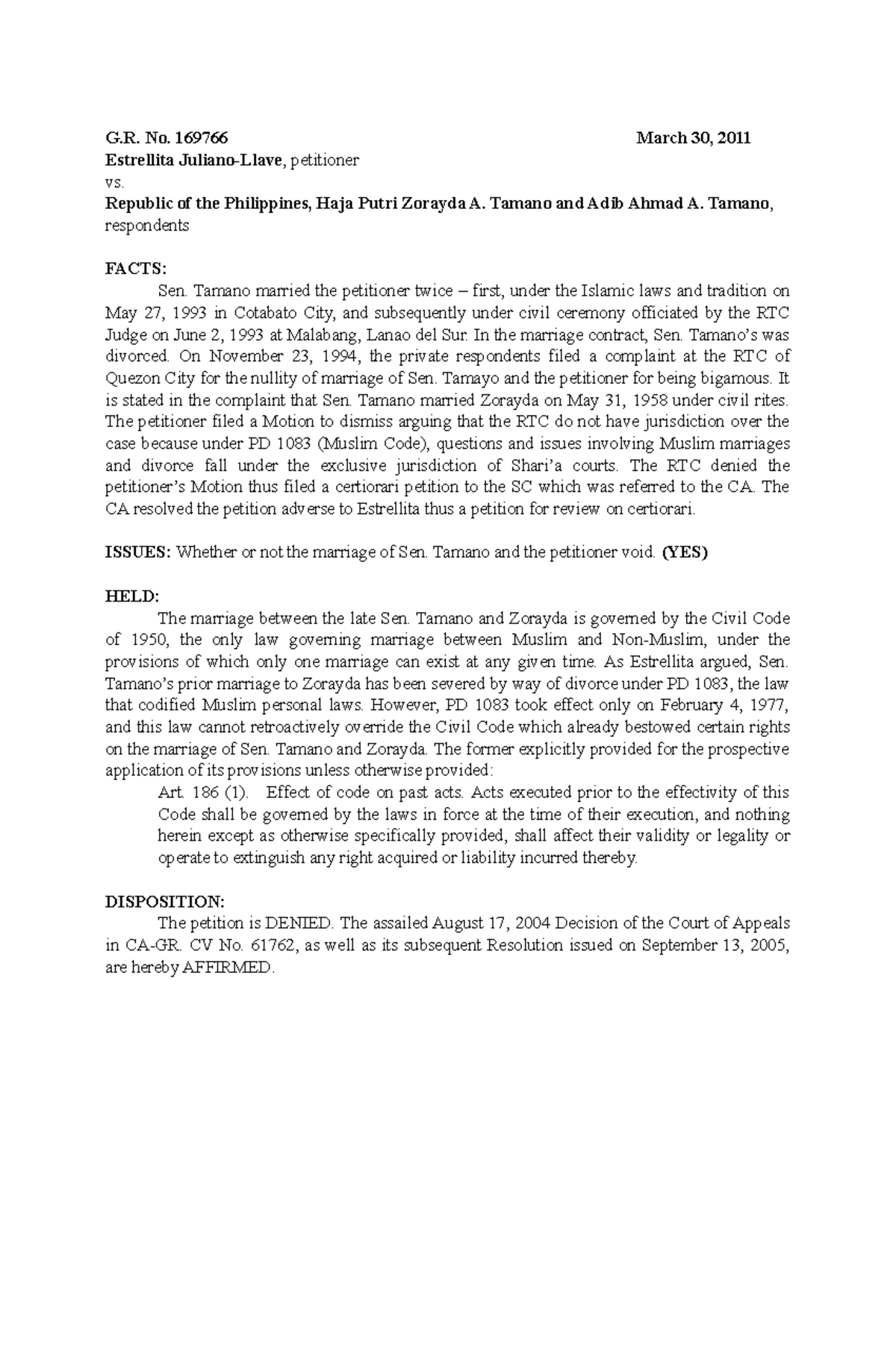 CASE No. 16 Estrellita Juliano-Llave vs. RP Haja Putri Zorayda A. Tamano and Adib Ahmad A ...