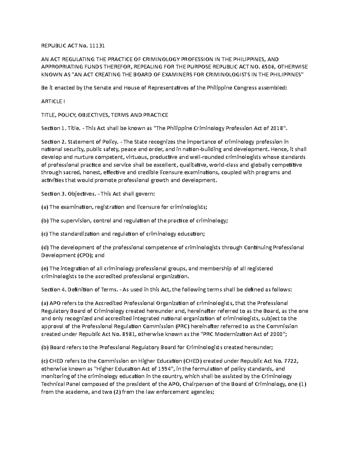 Republic ACT No - 2020 - REPUBLIC ACT No. 11131 AN ACT REGULATING THE ...