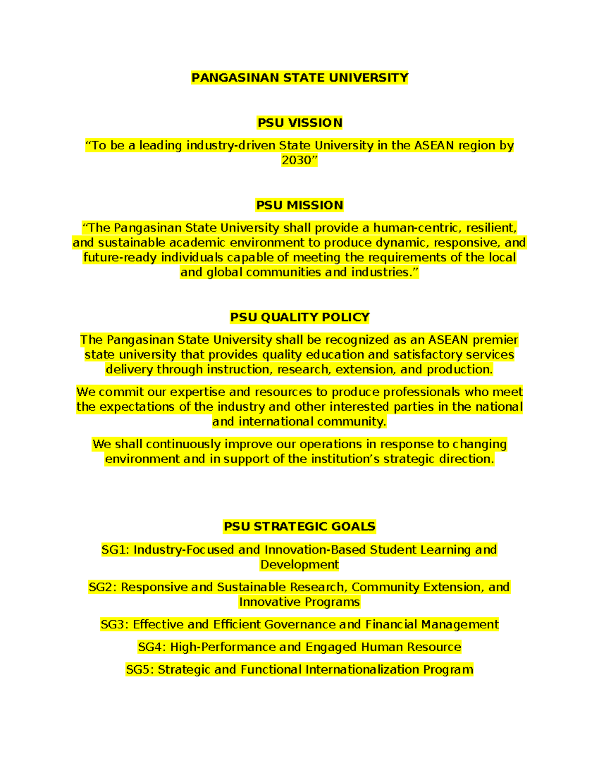 Pangasinan- State- University - ” PSU QUALITY POLICY The Pangasinan ...