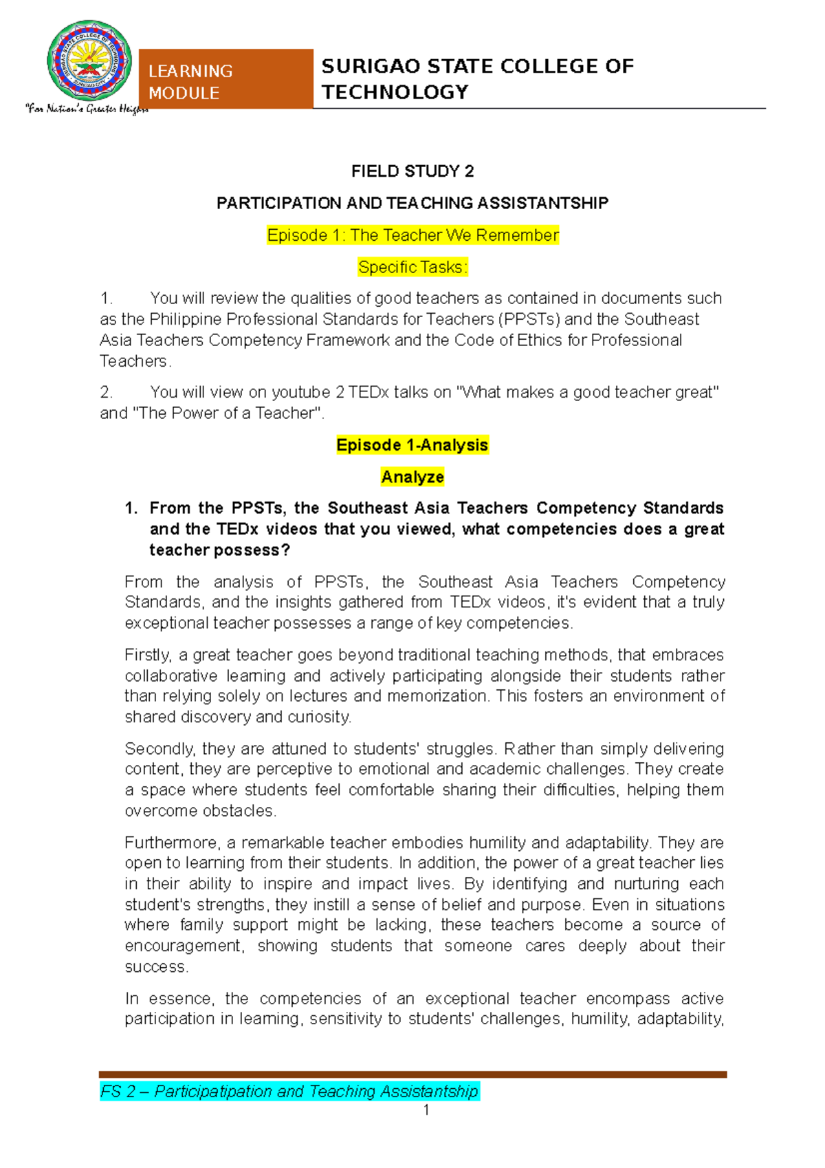 Answer sa FS2portfolio - LEARNING MODULE TECHNOLOGY FIELD STUDY 2 ...