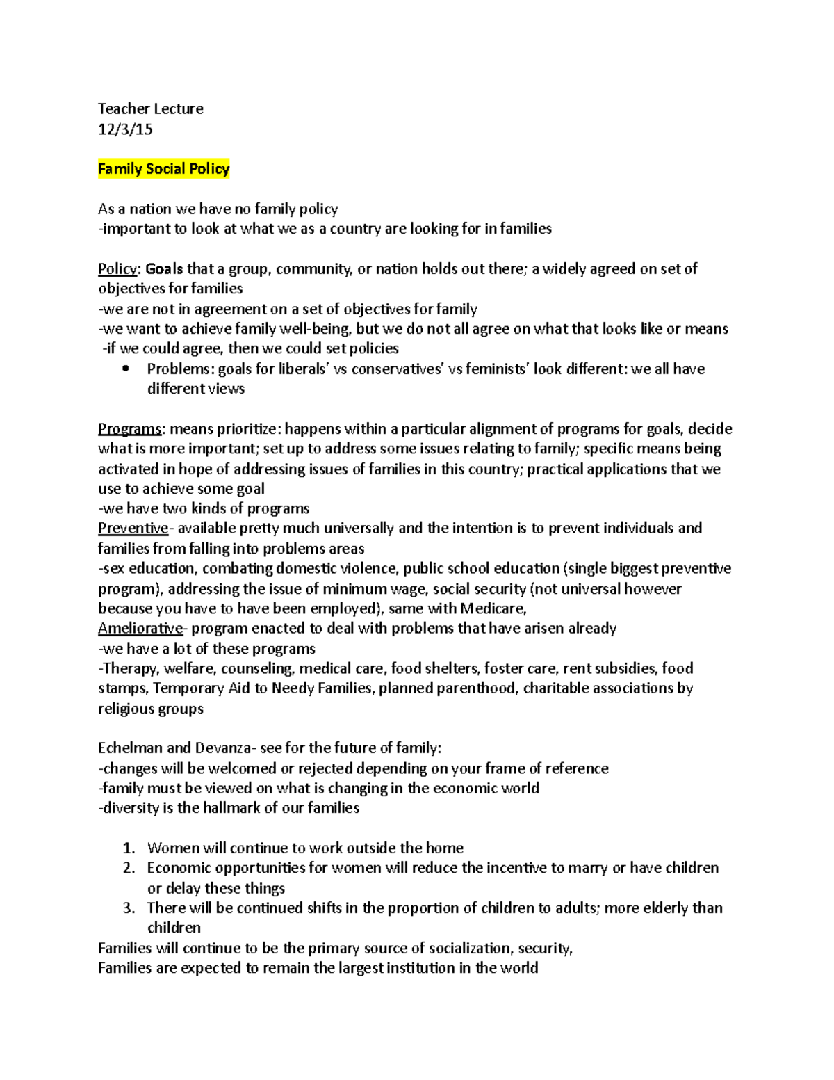 Family and Social Policy - Teacher Lecture 12/3/ Family Social Policy ...