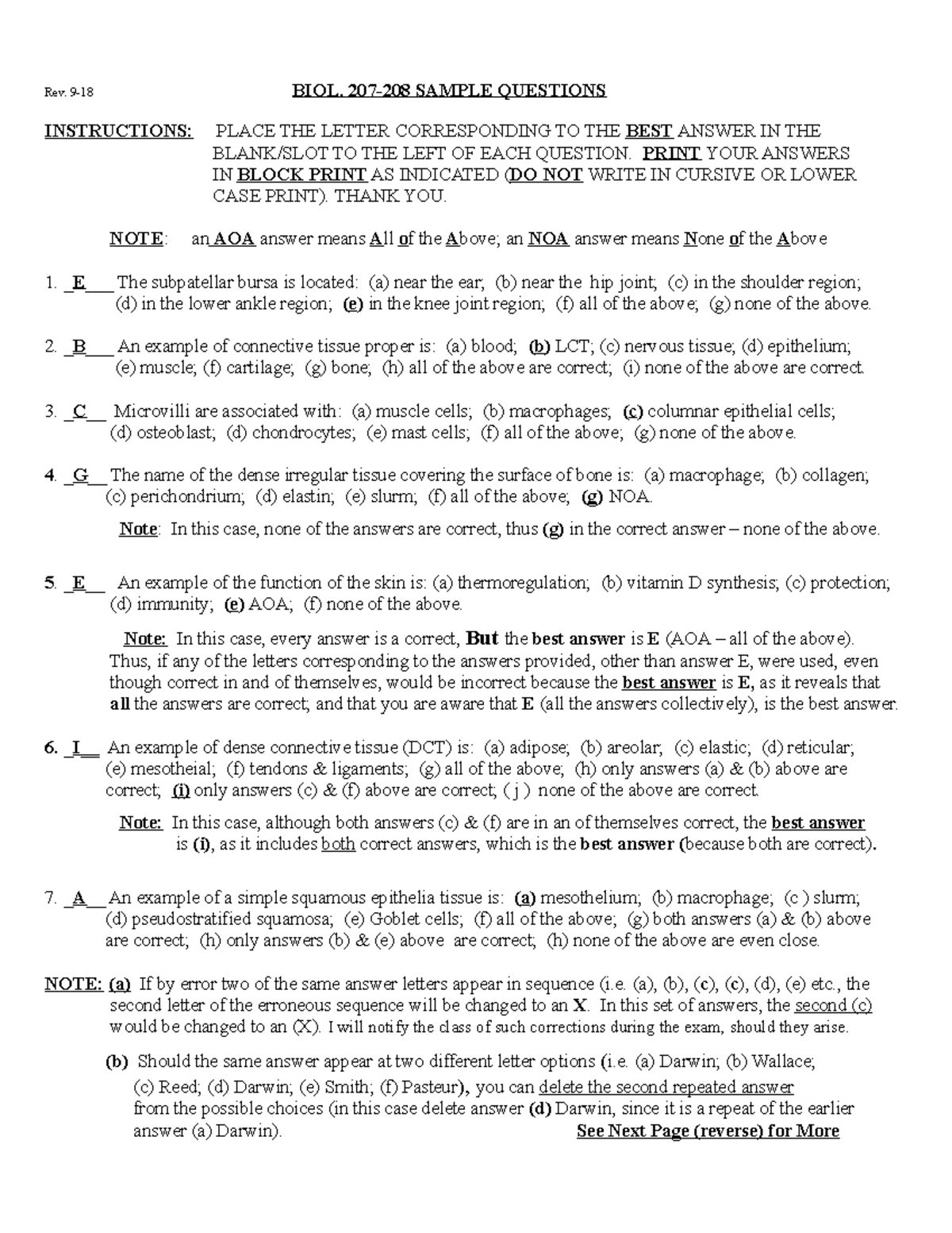 BIOL 207-208 Sample Exam Questions - FALL 2017 - Rev. 9-18 BIOL. 207 ...