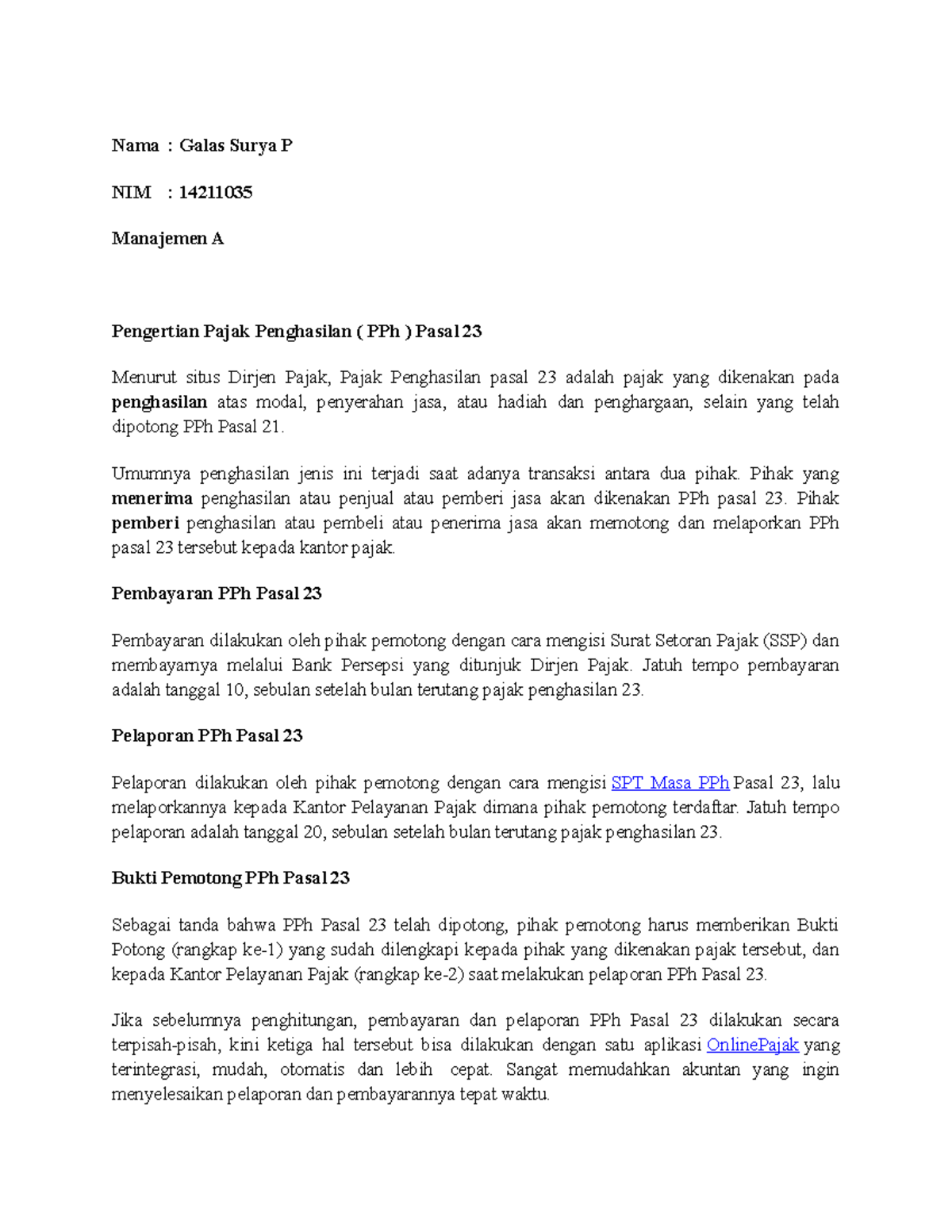 PPH Pasal 22 dan PPH Pasal 23 - Nama : Galas Surya P NIM : 14211035 ...