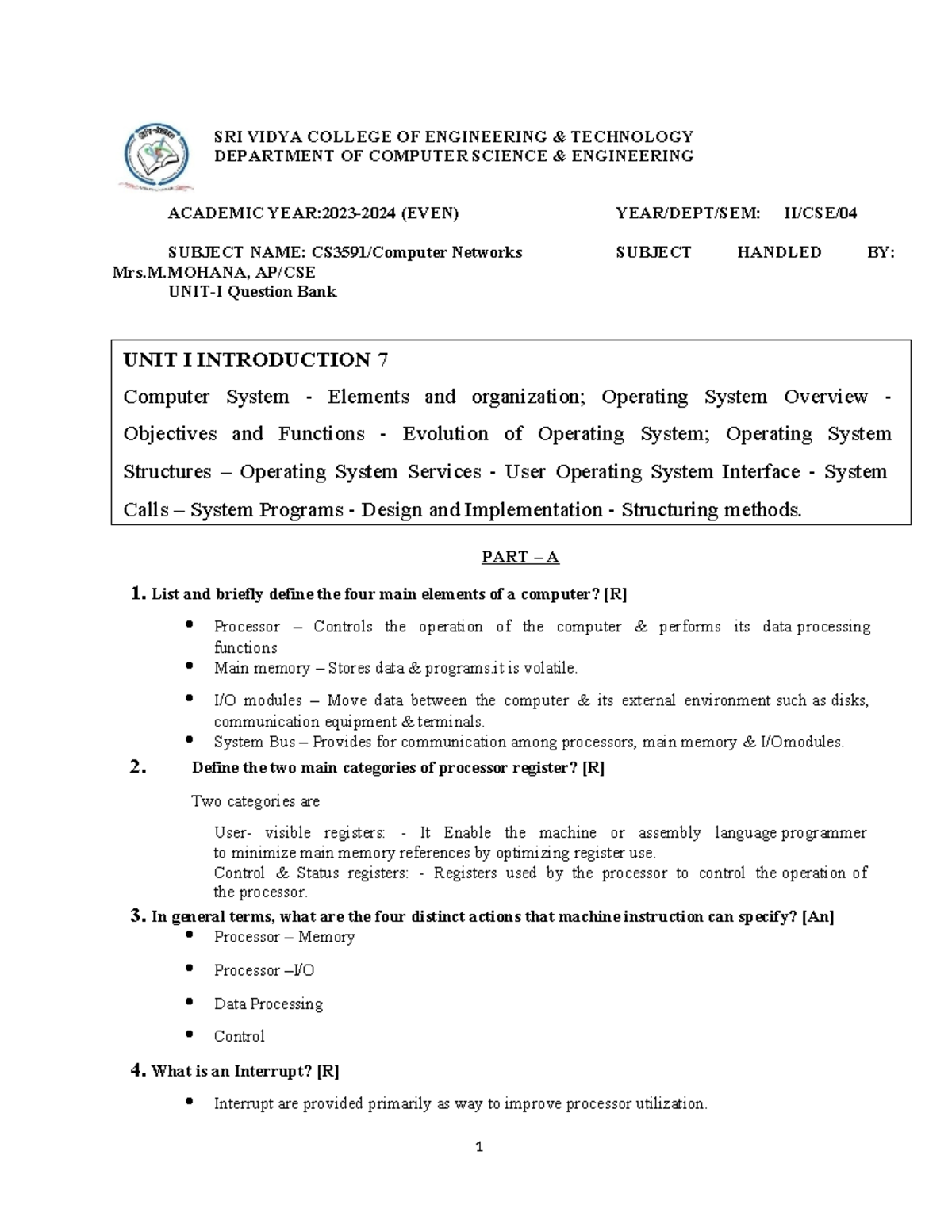 U-I QB-OS - Summary introduction to operating systems - SRI VIDYA ...