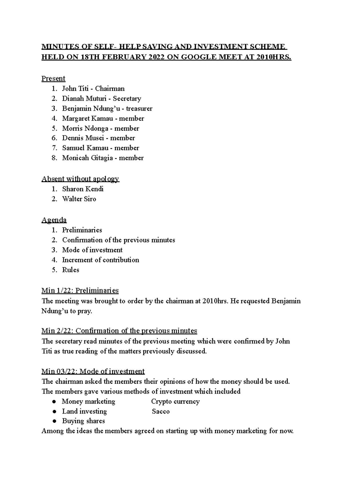 Minutes OF SELF- HELP Saving AND Investment Scheme HELD ON 18TH ...