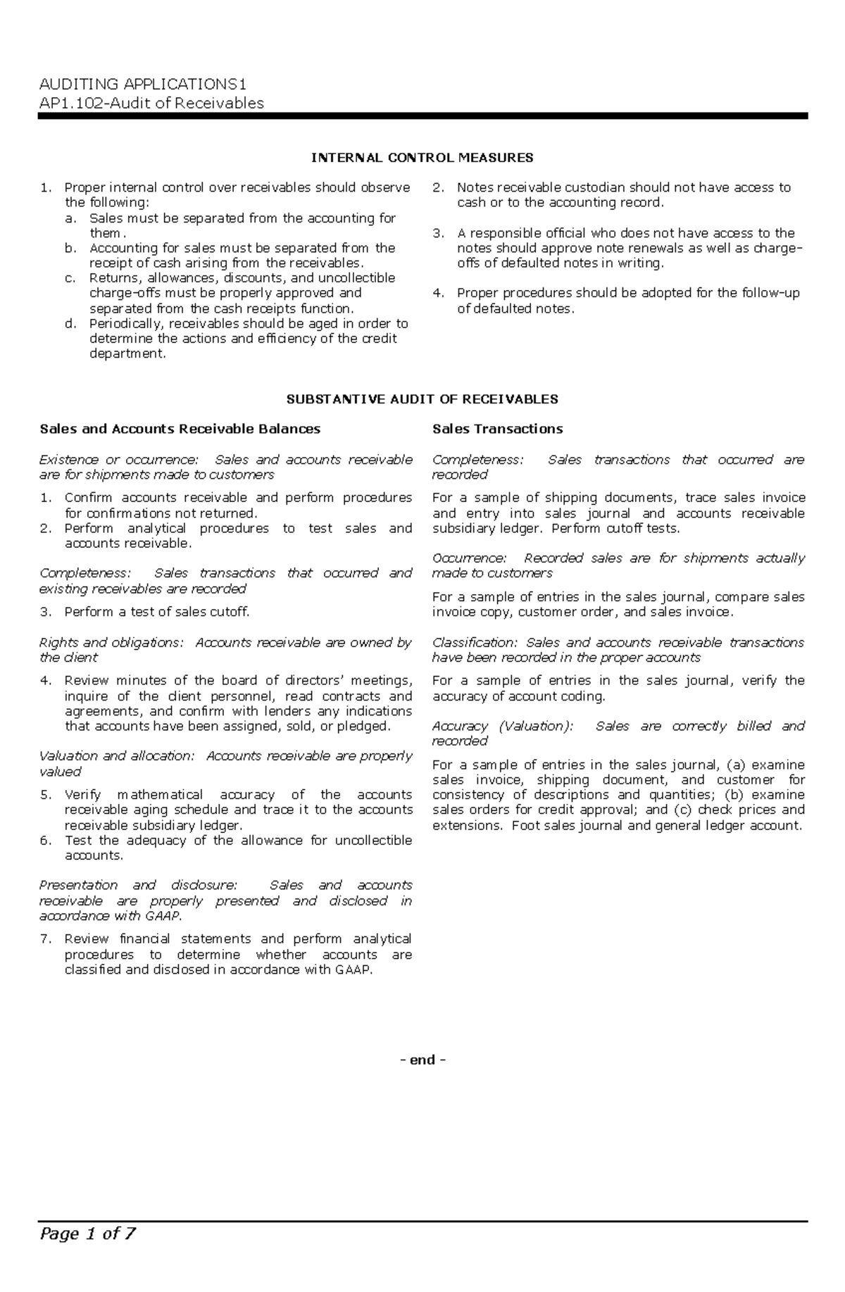 AP1.102 Receivables Audit Students copy - AUDITING APPLICATIONS AP1-Audit of Receivables ...